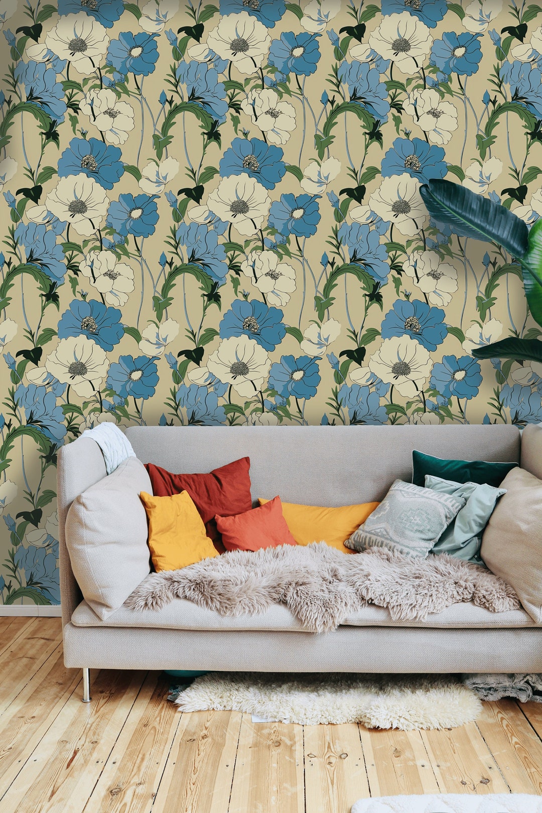 Elegant Beige Floral Wallpaper With Blue Blossoms PEEL&STICK - Etsy