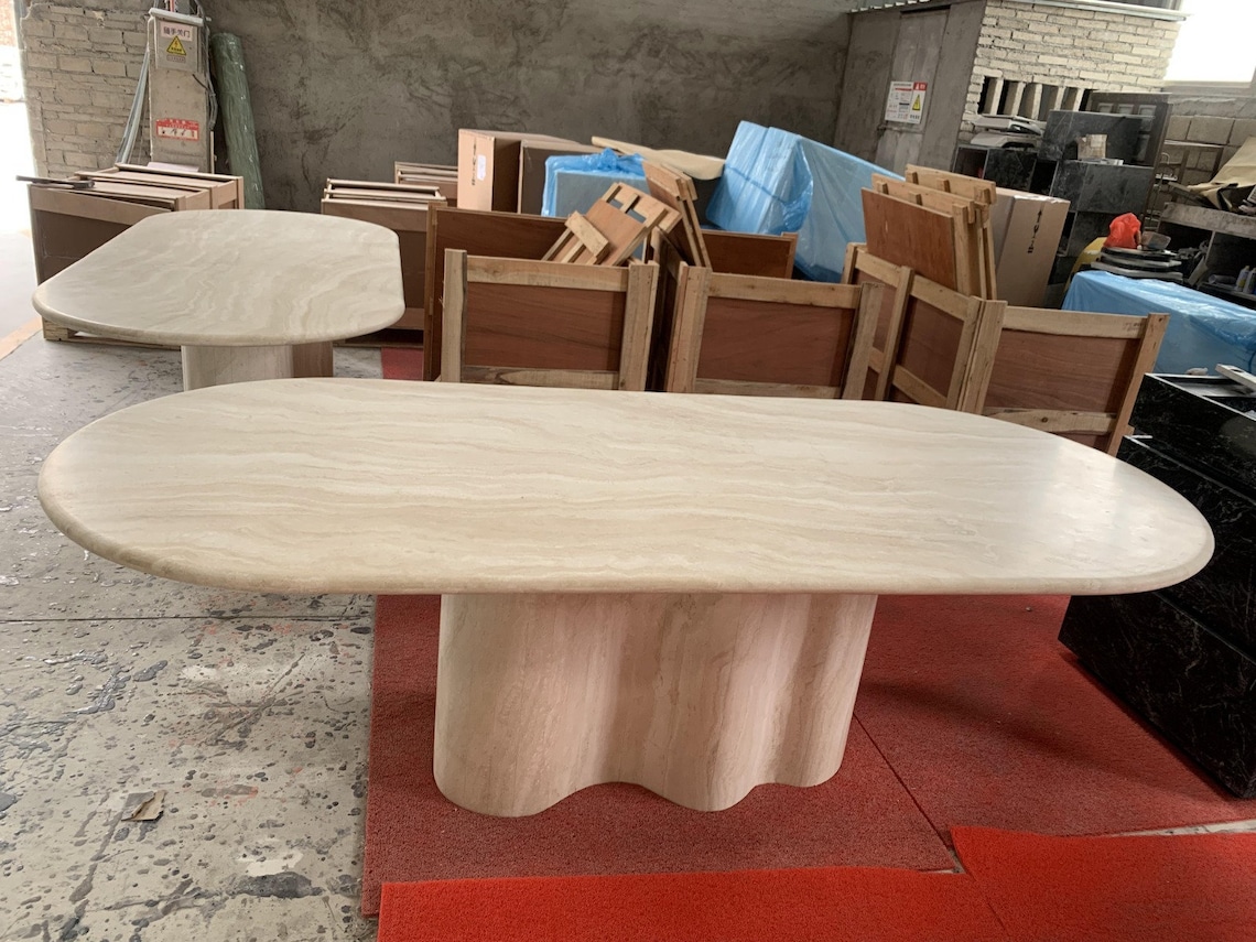 Curved Base Dining Table - Stone Table for Dining Room - Travertine ...
