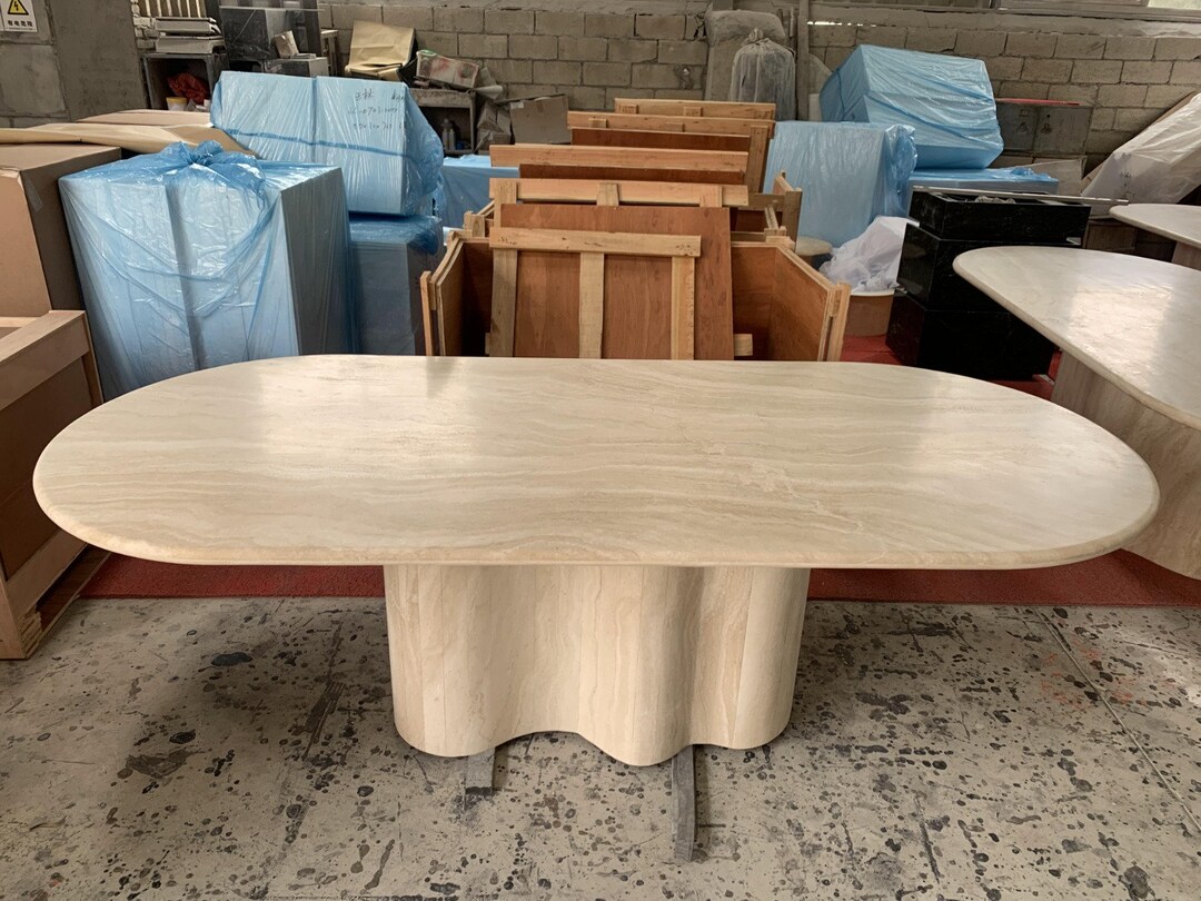 Curved Base Dining Table - Stone Table for Dining Room - Travertine ...