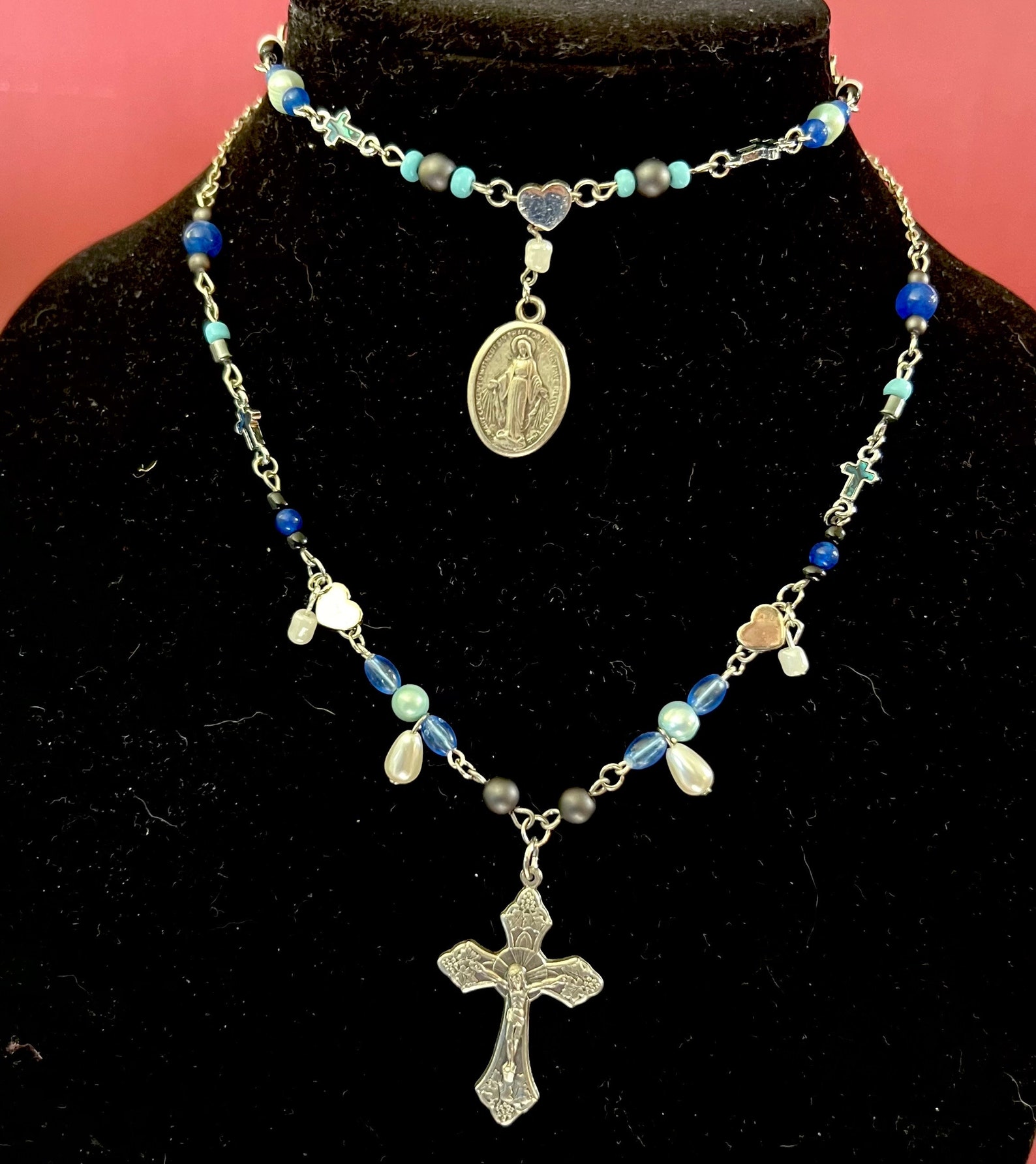 Unique, Handmade Blue Gothic Rosary Cross Adjustable Necklace and ...