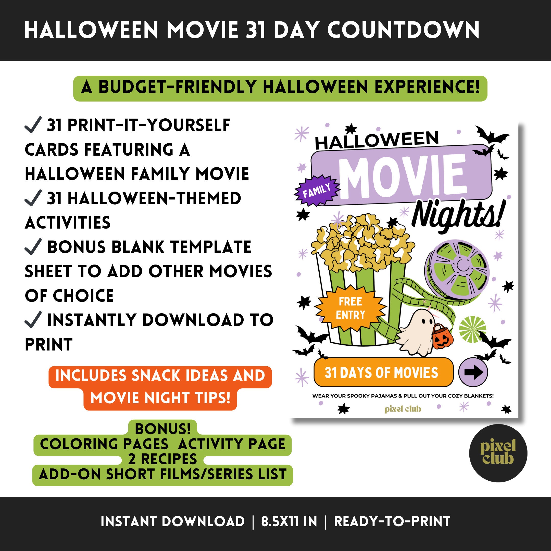 Family Movie Night Printable Halloween Movie Checklist, Halloween ...
