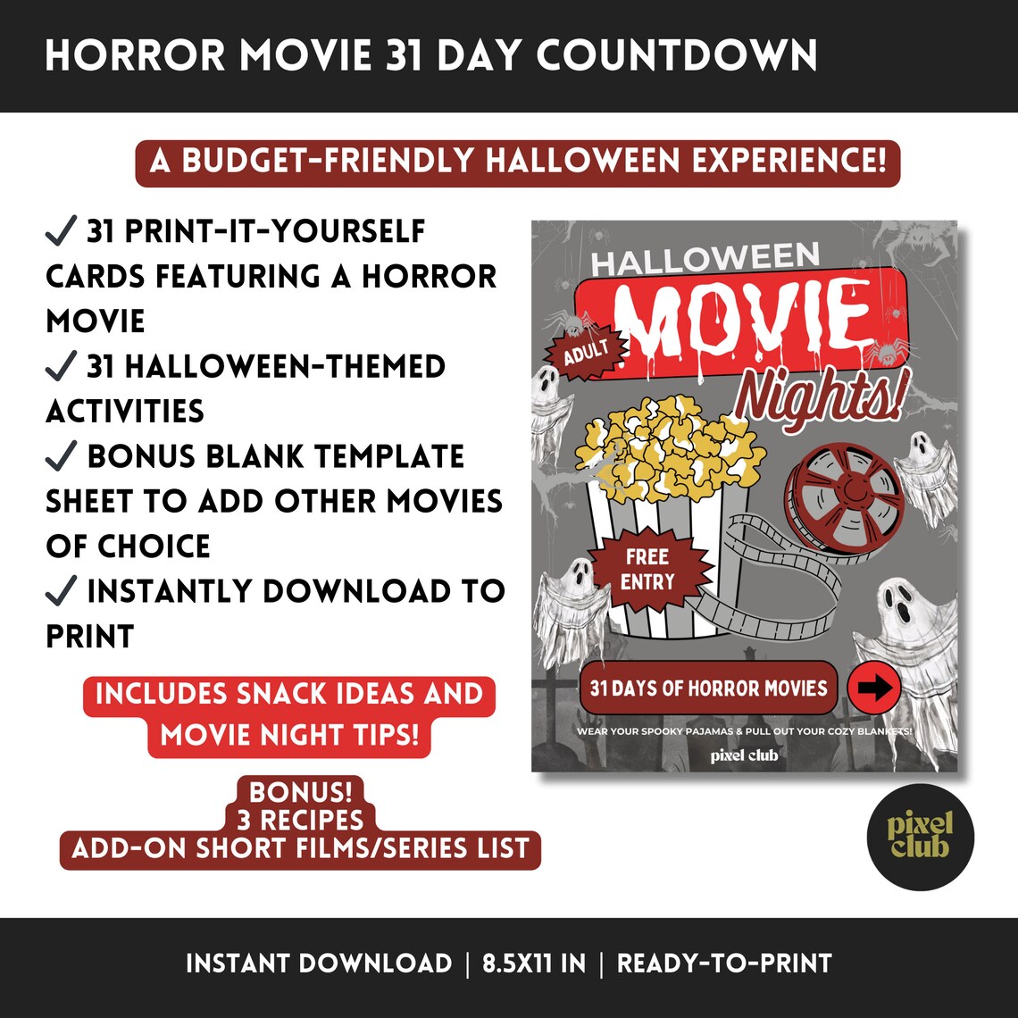 Horror Movie Night Printable Halloween Movie Checklist, Halloween ...