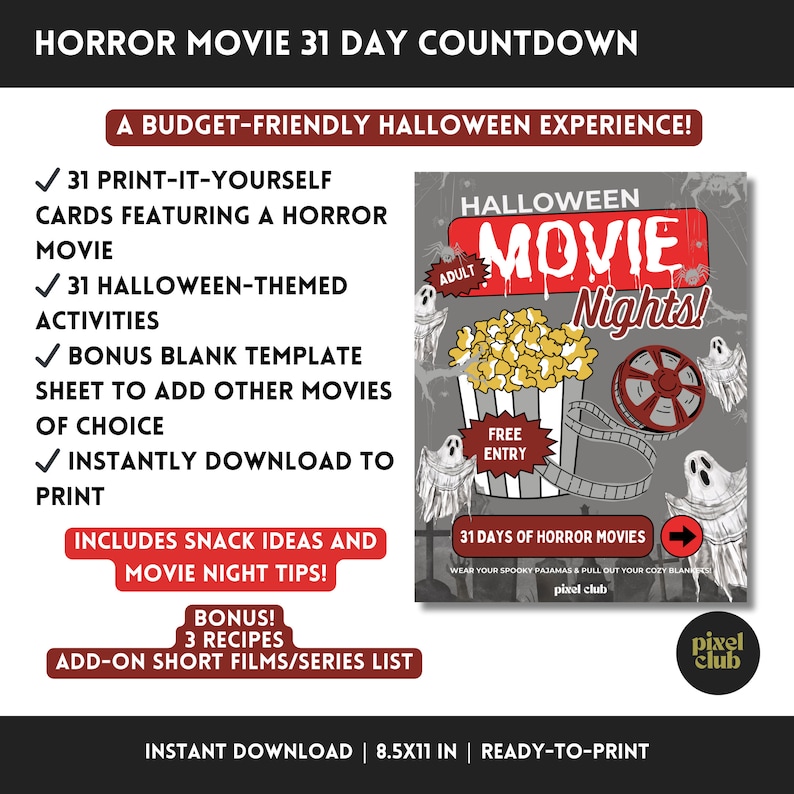 Horror Movie Night Printable Halloween Movie Checklist, Halloween ...