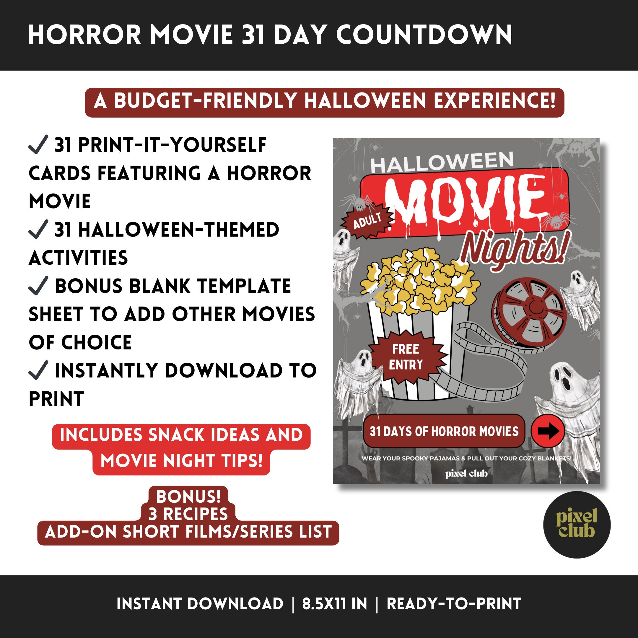 Horror Movie Night Printable Halloween Movie Checklist, Halloween ...