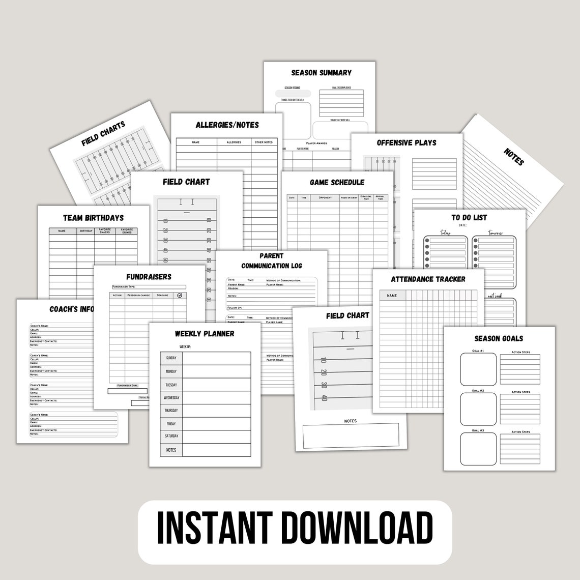 PDF Football Coach Planner, Printable Football Planner, Football Season ...