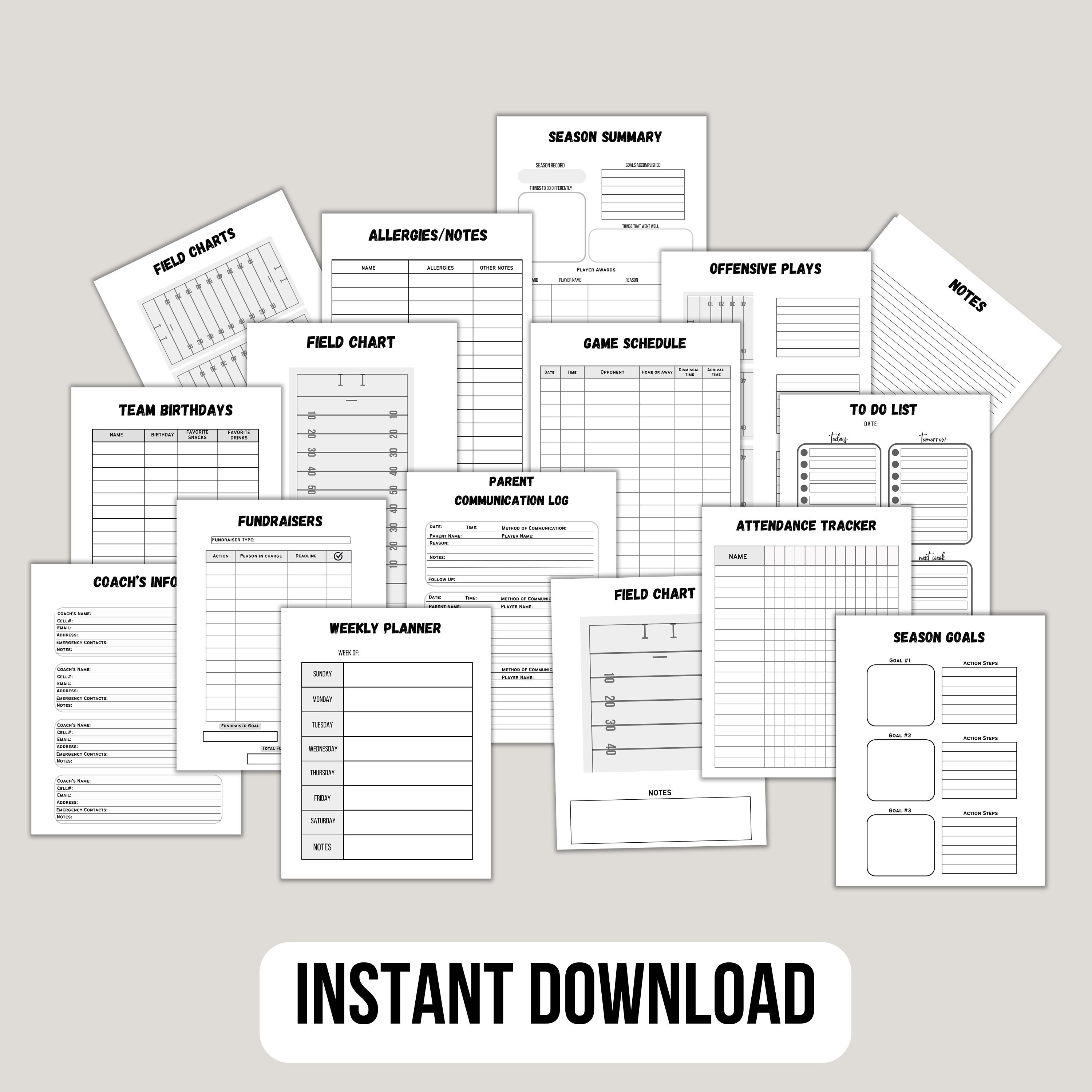 PDF Football Coach Planner, Printable Football Planner, Football Season ...