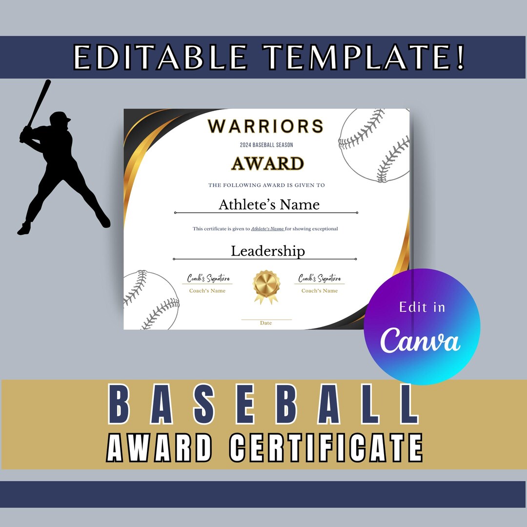 Editable Baseball Certificate, Editable Baseball Award, Baseball Player ...