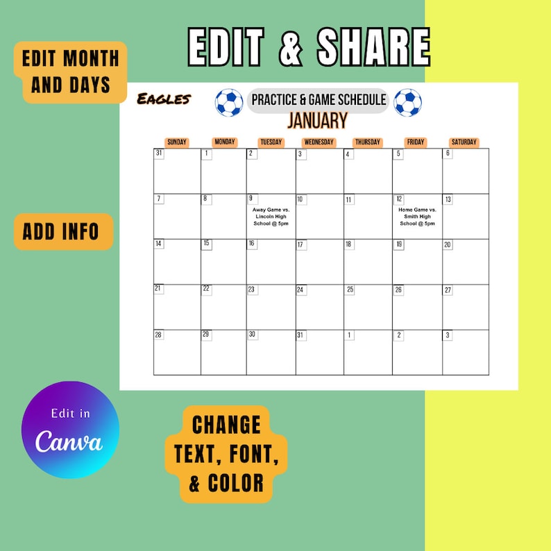 Editable Sports Schedule, Sports Calendar, Editable Team Calendar, Team ...