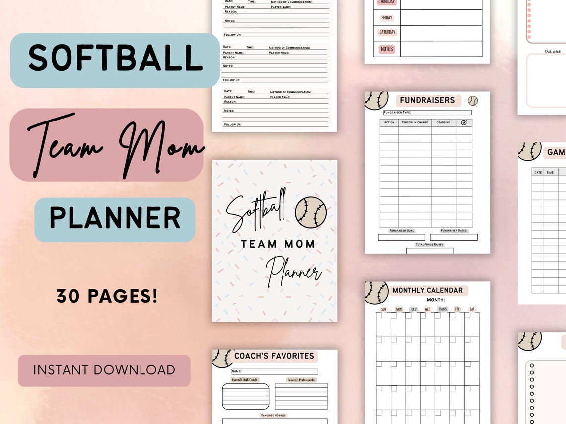 Softball Team Mom Planner, Softball Planner, Softball Mom Planner, Softball Binder, Softball ...