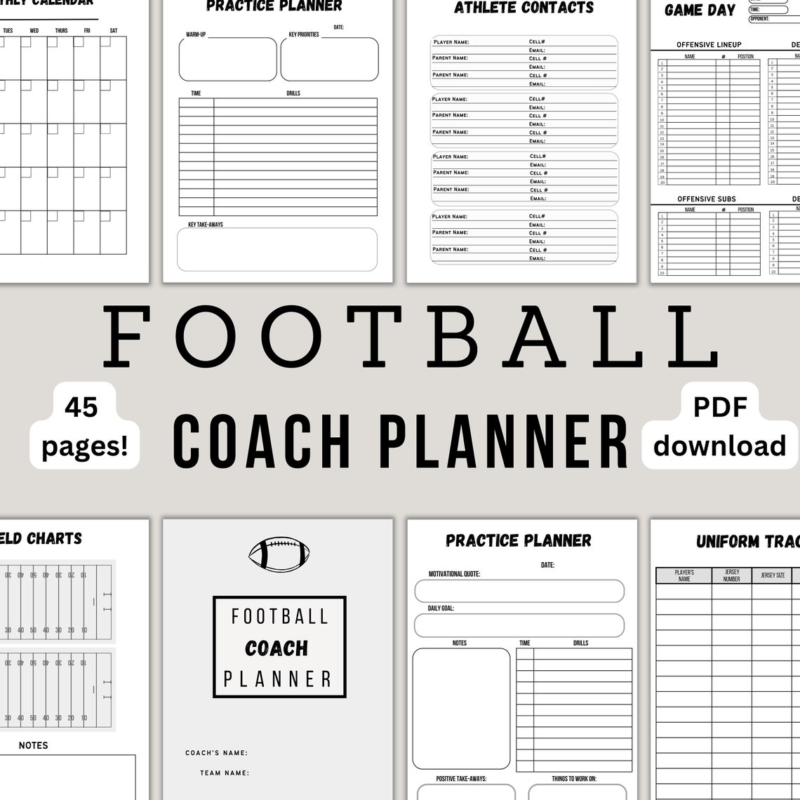 PDF Football Coach Planner, Printable Football Planner, Football Season ...