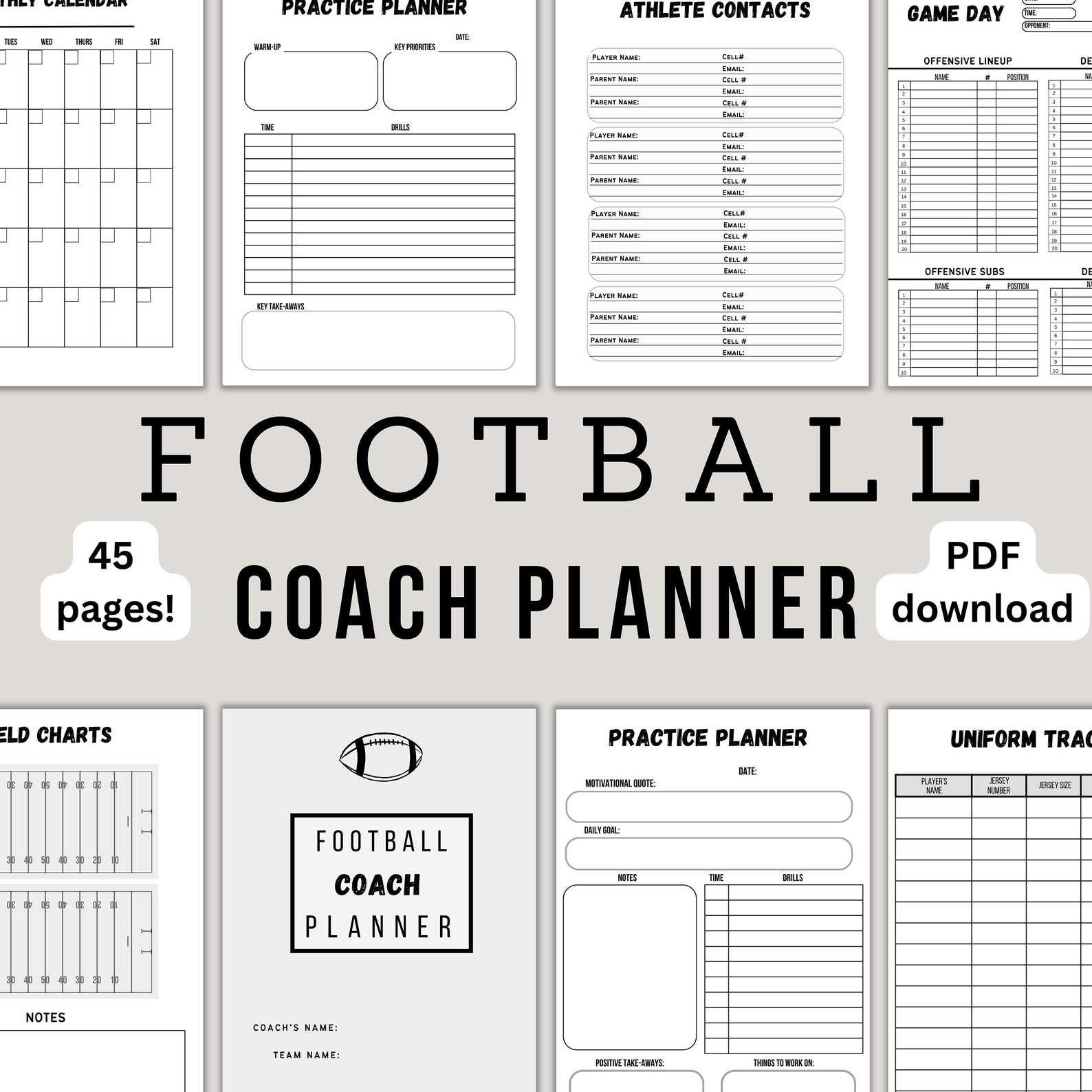 PDF Football Coach Planner, Printable Football Planner, Football Season ...