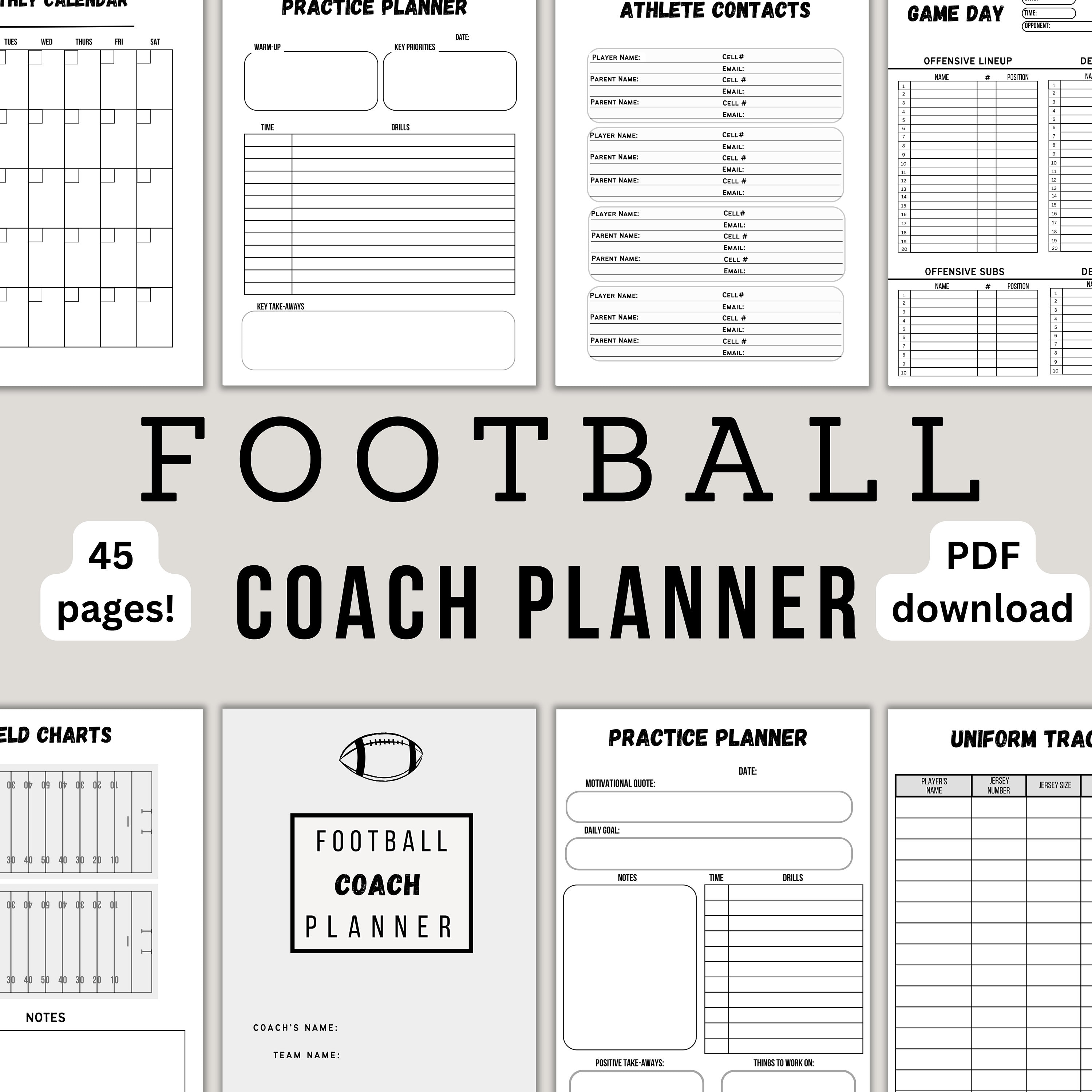PDF Football Coach Planner, Printable Football Planner, Football Season ...