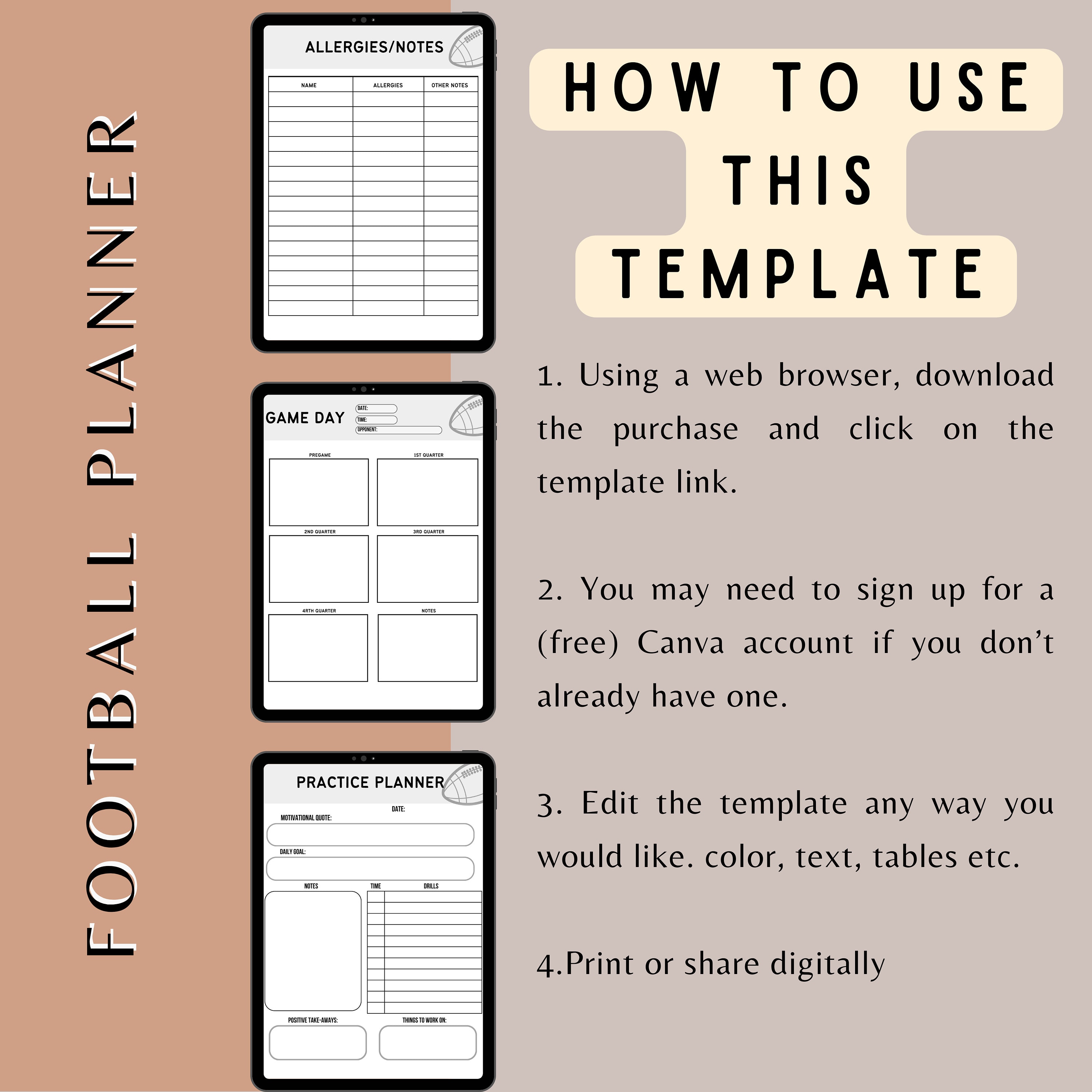 Editable Football Coach Planner, Printable Football Coach Planner ...