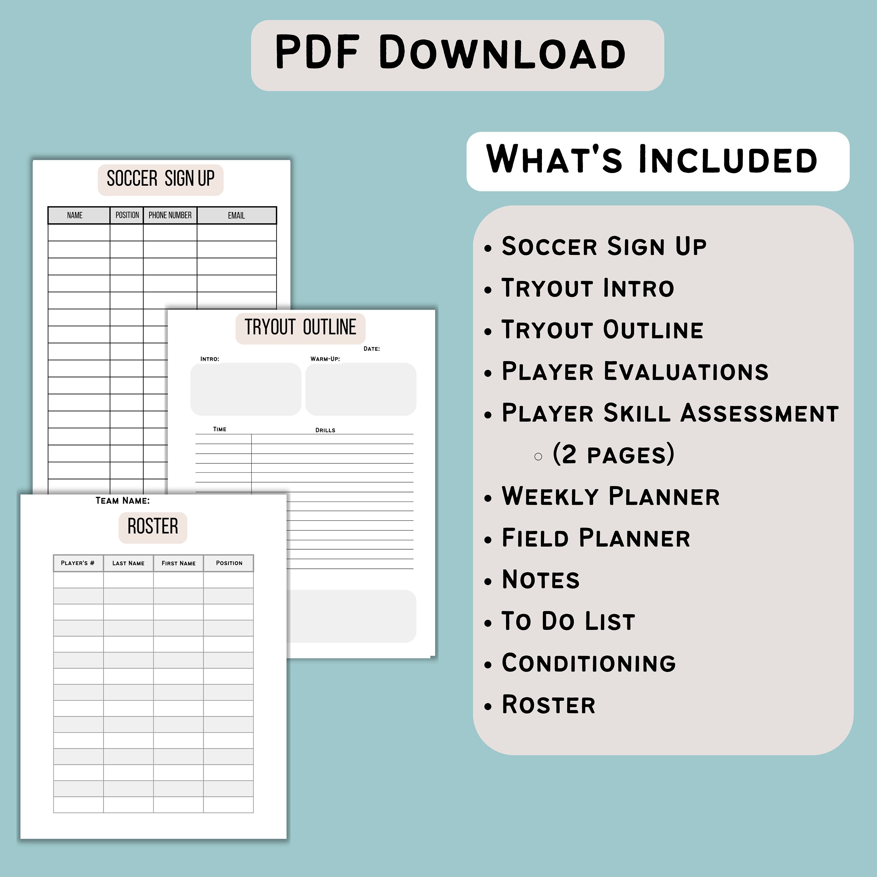 Soccer Tryout Planner, Soccer Coach Planner, Soccer Printable Planner ...