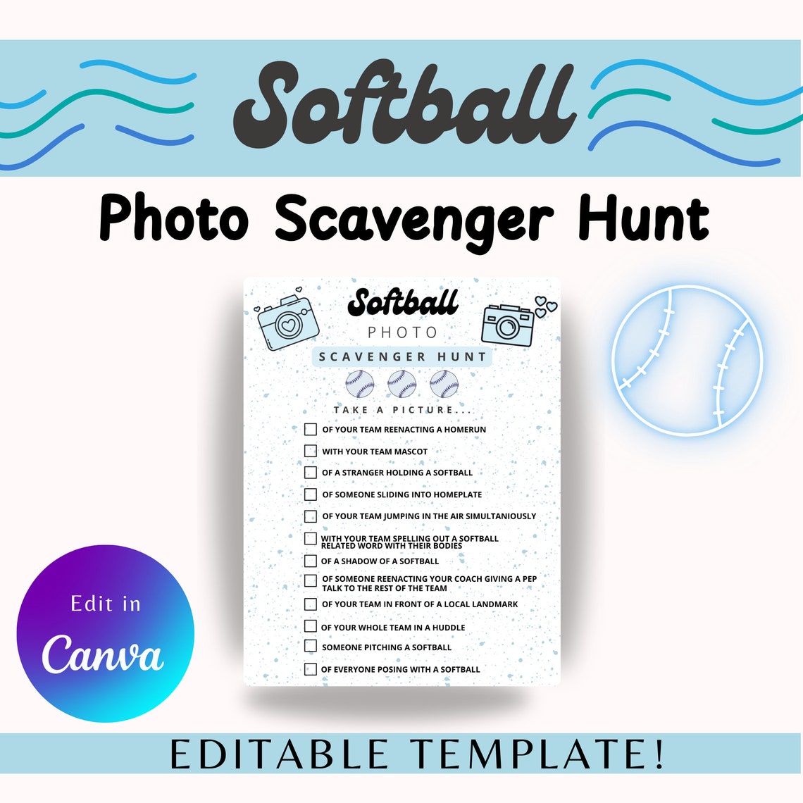 Softball Team Scavenger Hunt, Softball Photo Scavenger Hunt, Softball ...