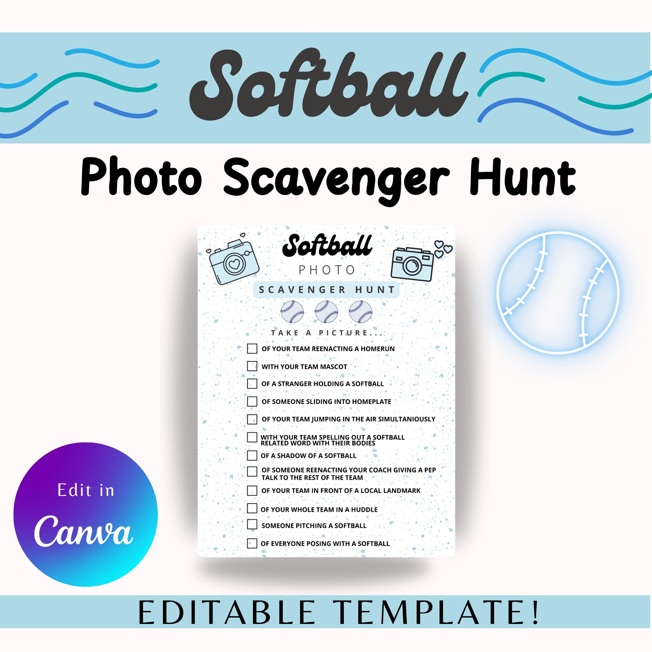 Softball Team Scavenger Hunt, Softball Photo Scavenger Hunt, Softball ...