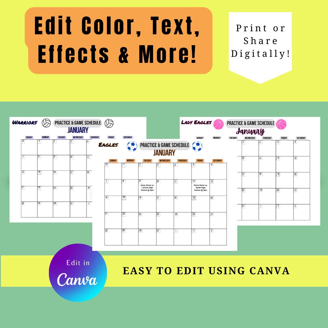 Editable Sports Schedule, Sports Calendar, Editable Team Calendar, Team ...