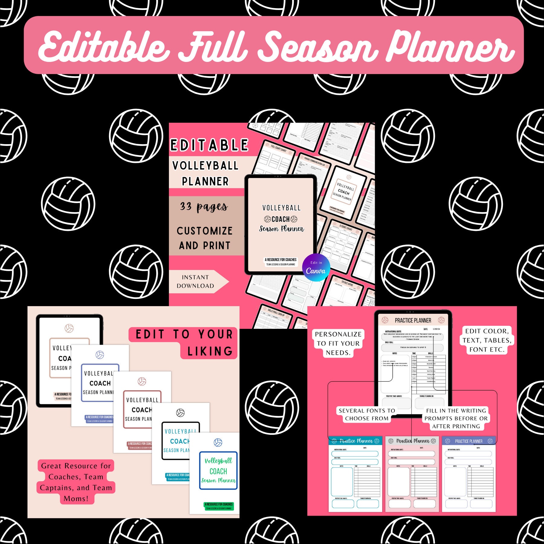 Volleyball Coach Bundle, Volleyball Coach Planners, Volleyball Editable ...
