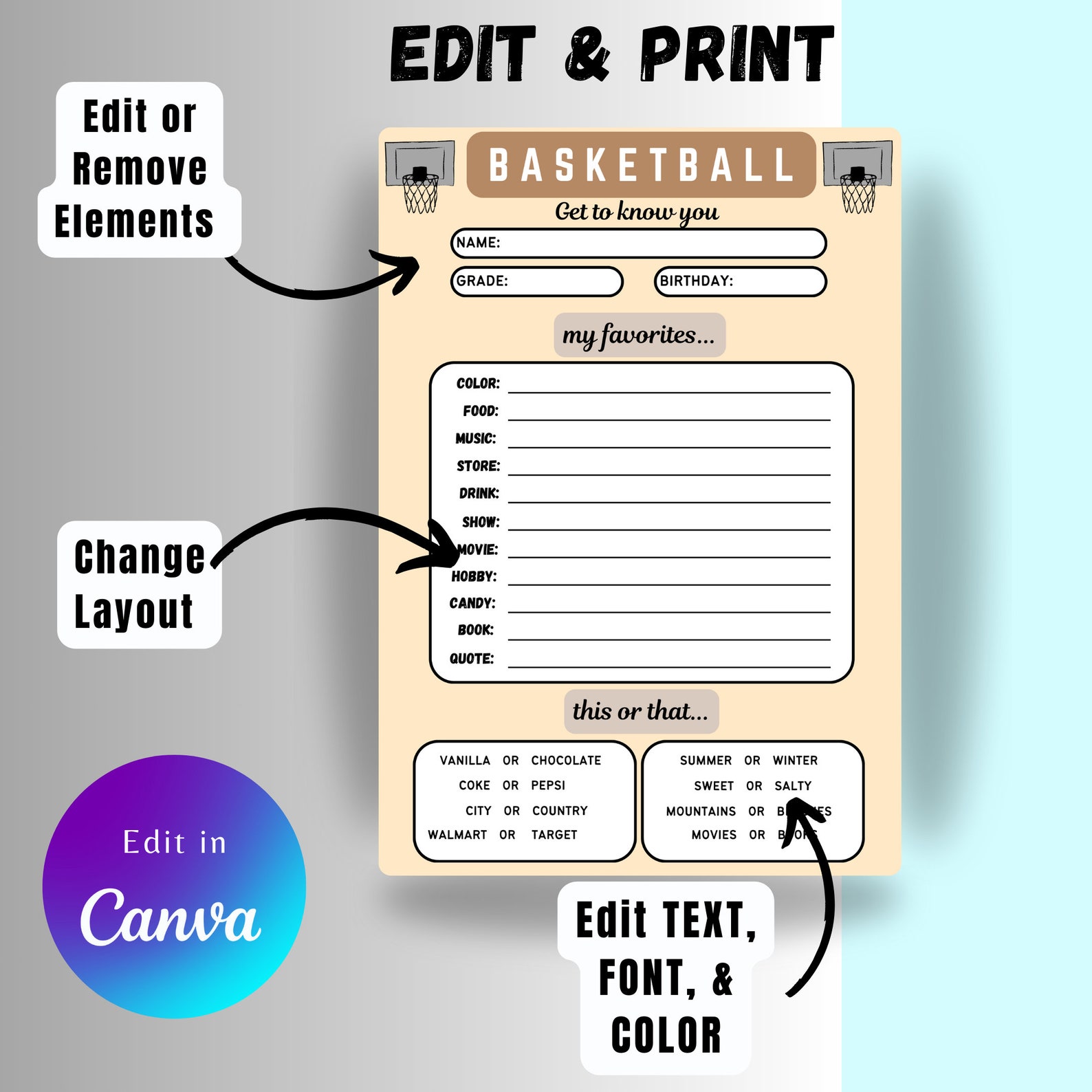 Basketball Team Get to Know You Sheet, Editable Get to Know You, Team ...