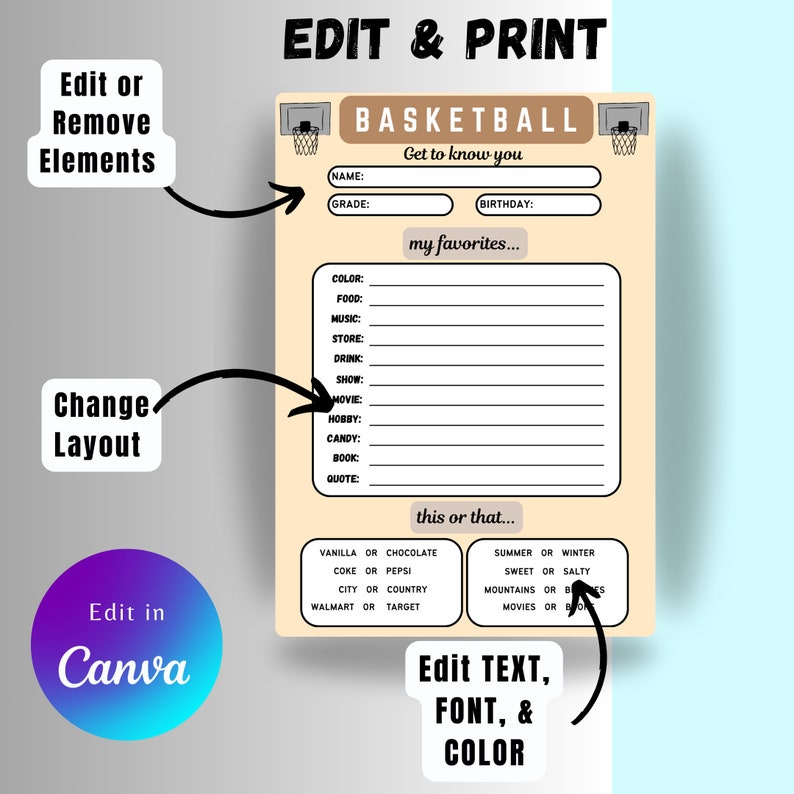 Basketball Team Get to Know You Sheet, Editable Get to Know You, Team ...