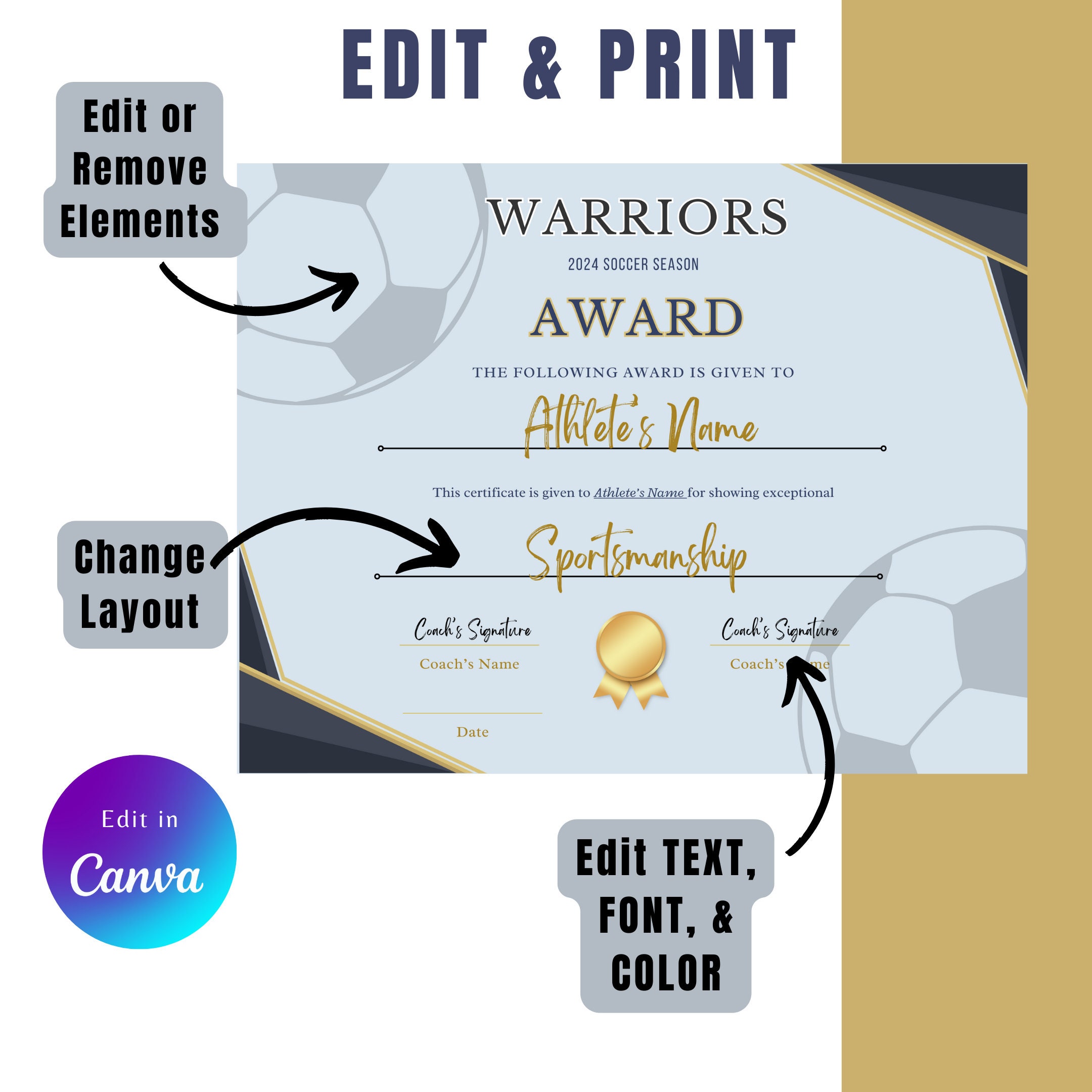 Editable Soccer Award, Editable Soccer Certificate, Soccer Player ...