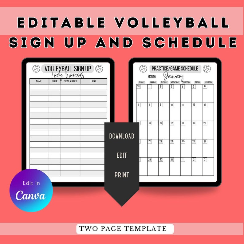 Editable Volleyball Sign Up, Editable Volleyball Schedule, Volleyball ...
