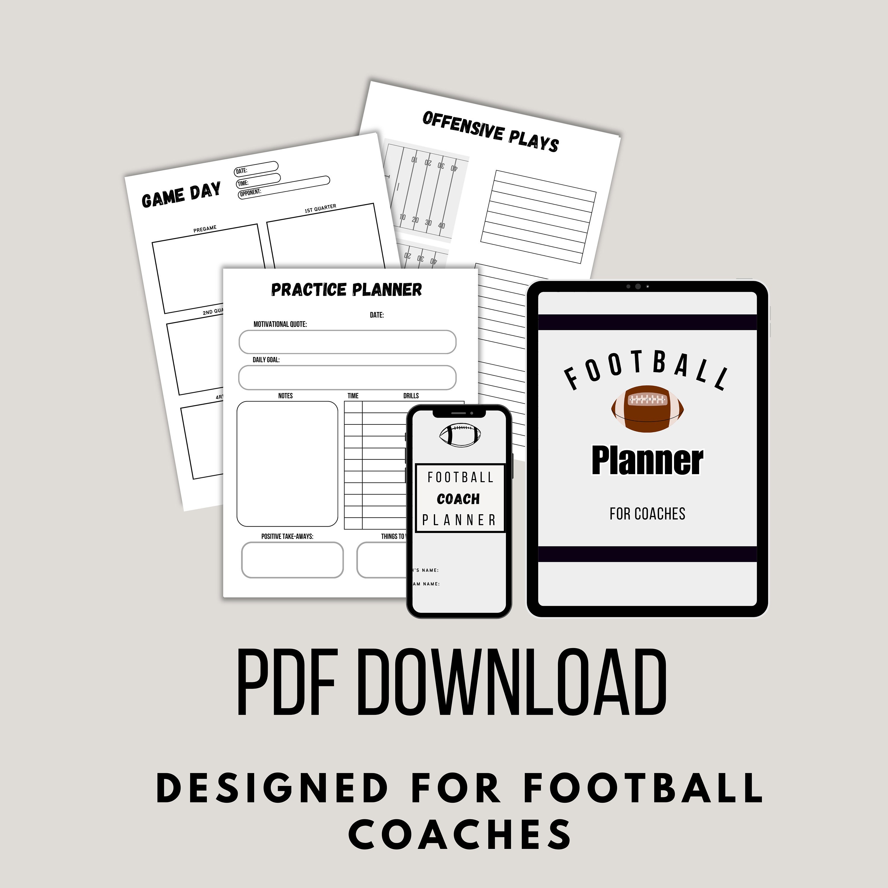 PDF Football Coach Planner, Printable Football Planner, Football Season ...