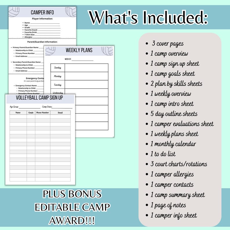 Editable Volleyball Camp Planner: Canva Forms, Organization Binder (27 ...