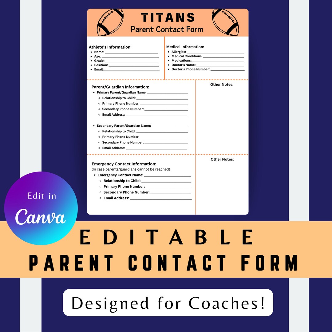 Parent Contact Form Template, Editable Athlete Contact Form ...