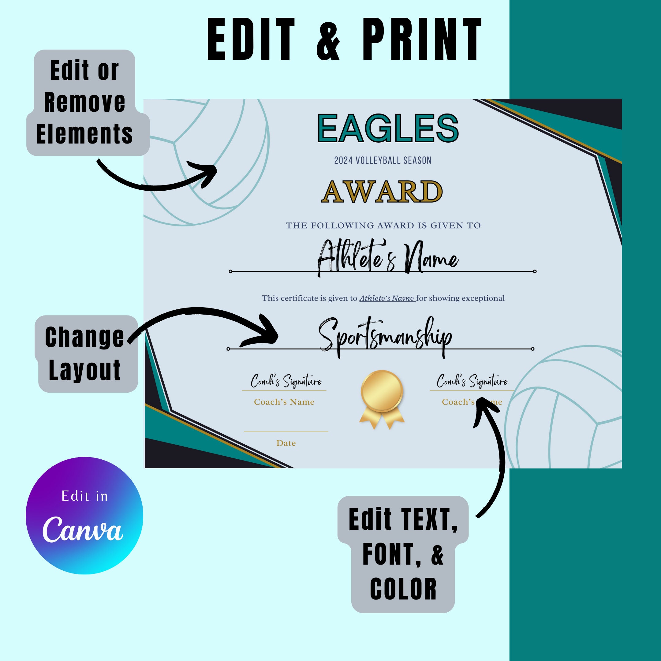 Editable Volleyball Certificate, Editable Volleyball Award, Volleyball ...