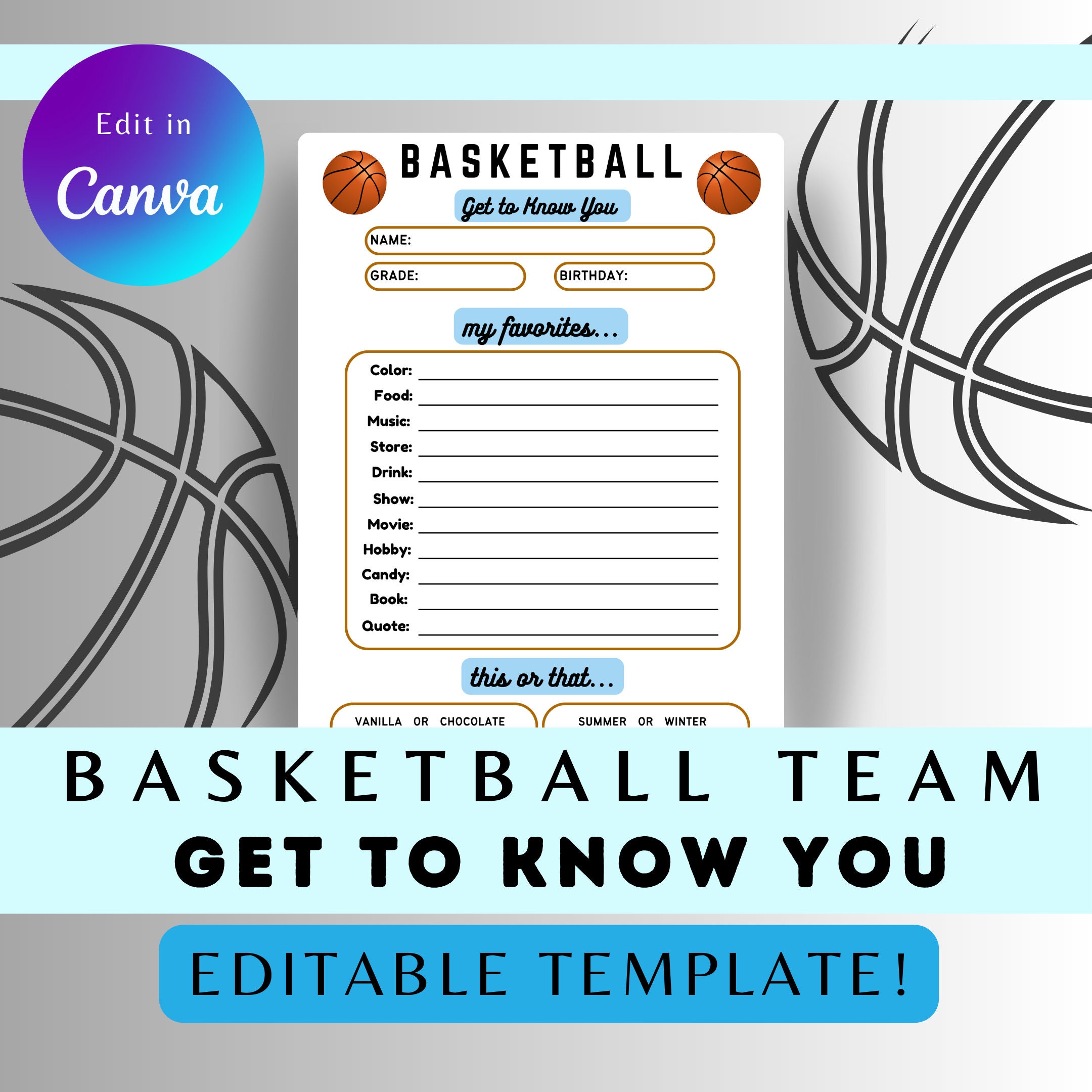 Basketball Team Get to Know You Sheet, Editable Get to Know You, Team ...
