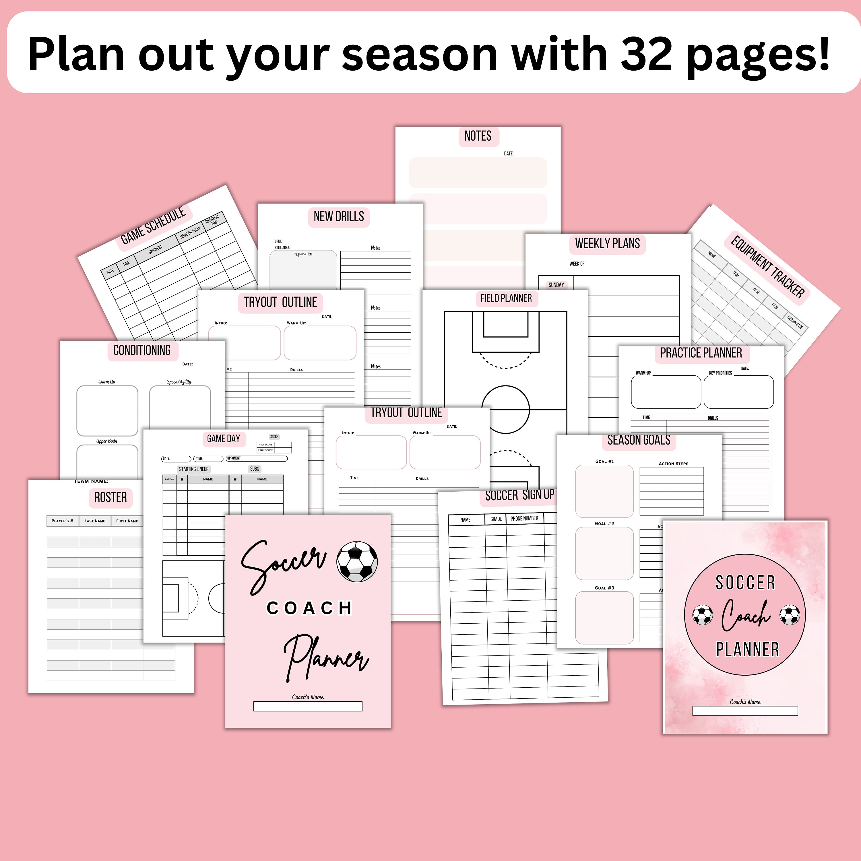 Pink Soccer Coach Planner, Soccer Team Planner for Coaches, Soccer ...