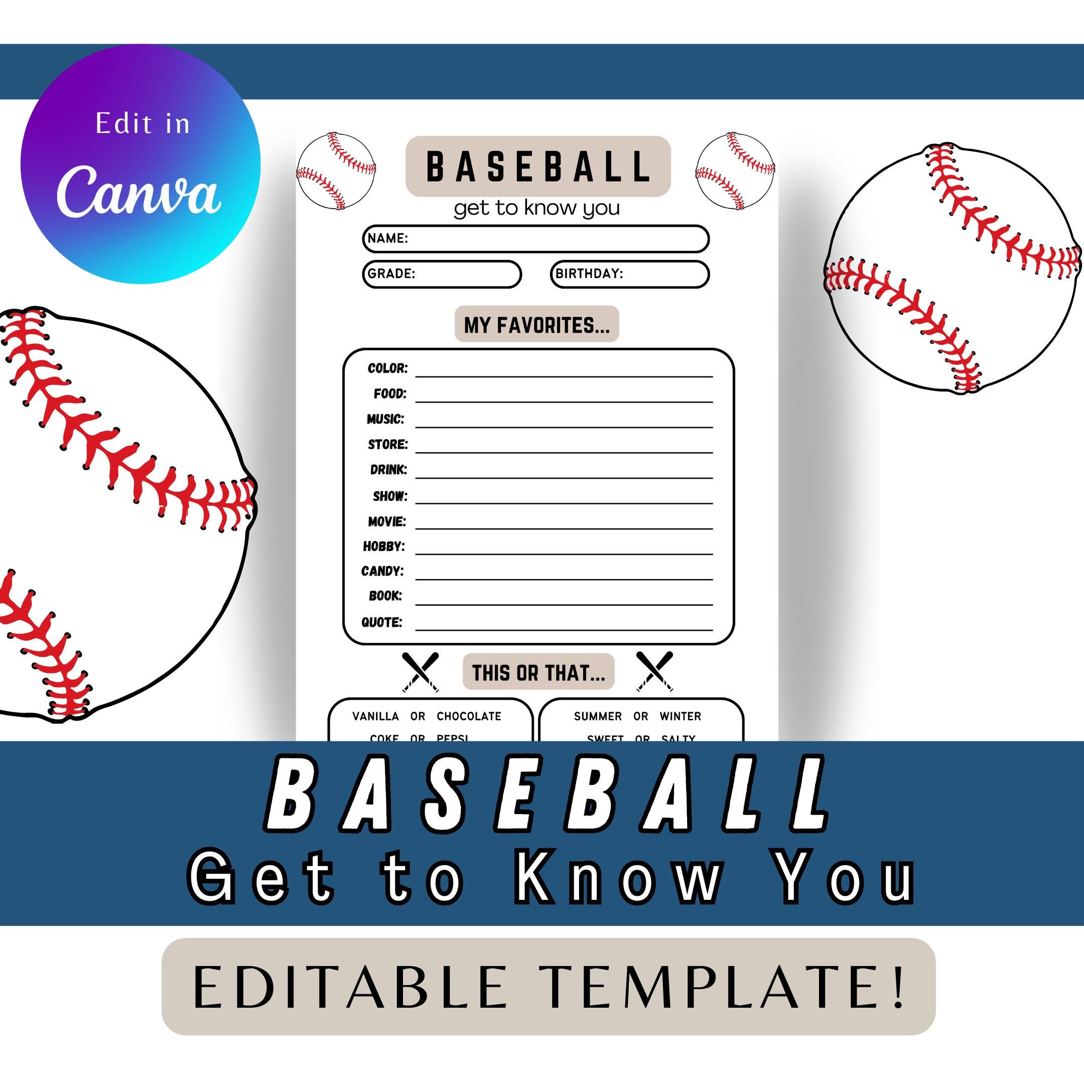 Baseball Team Get to Know You Sheet, Editable Get to Know You, Team ...