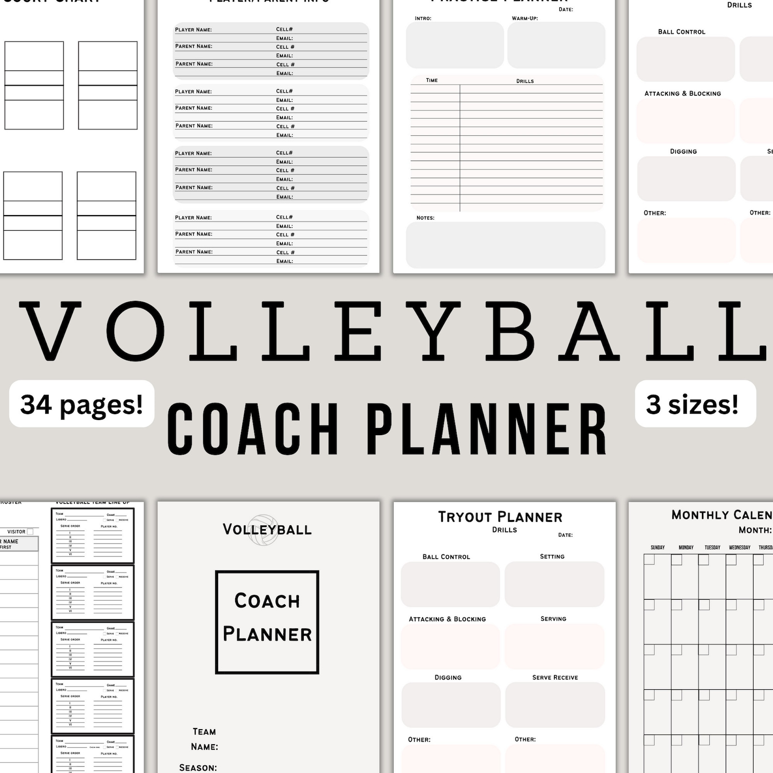 PDF Neutral Volleyball Coach Planner, Printable Volleyball Planner ...