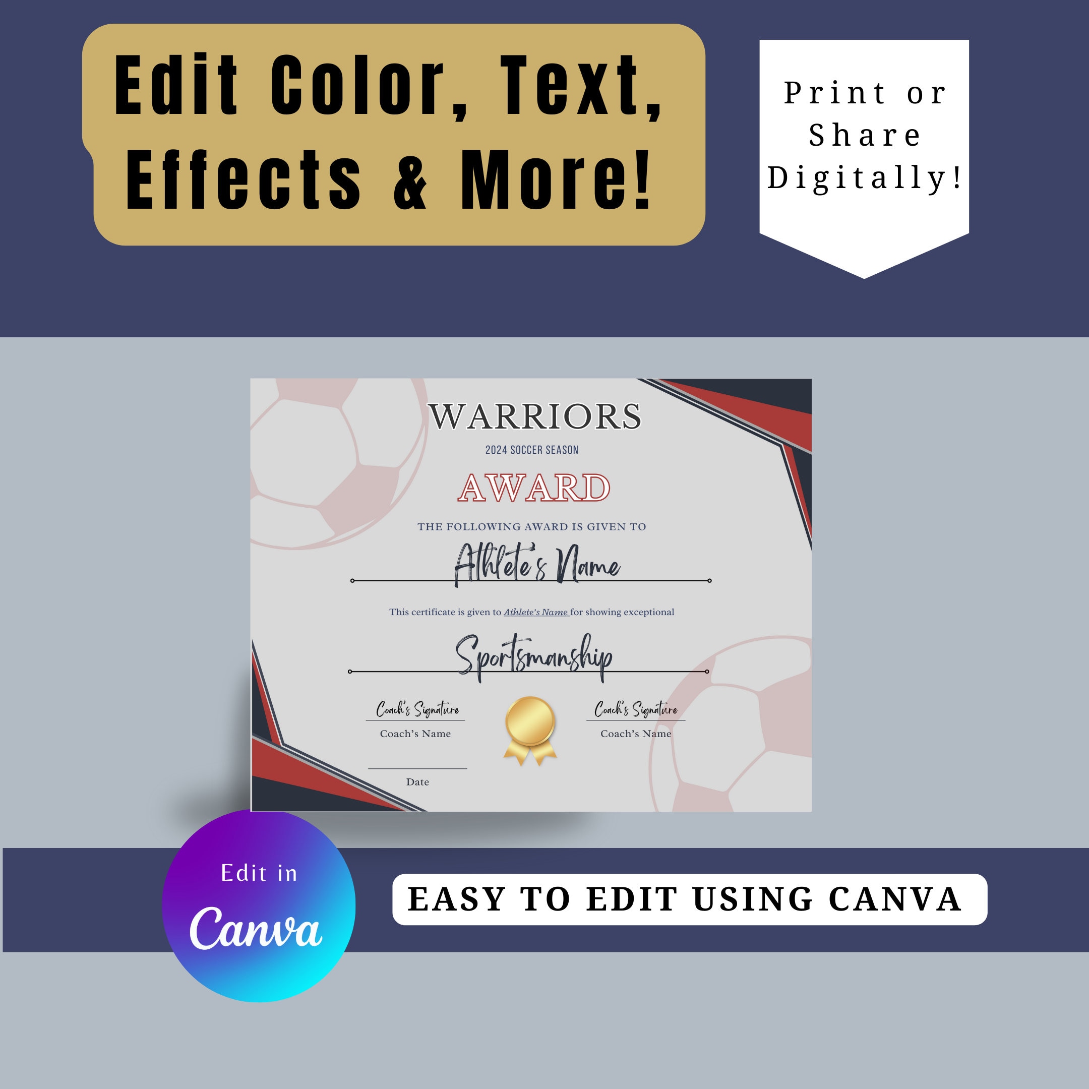 Editable Soccer Award, Editable Soccer Certificate, Soccer Player ...