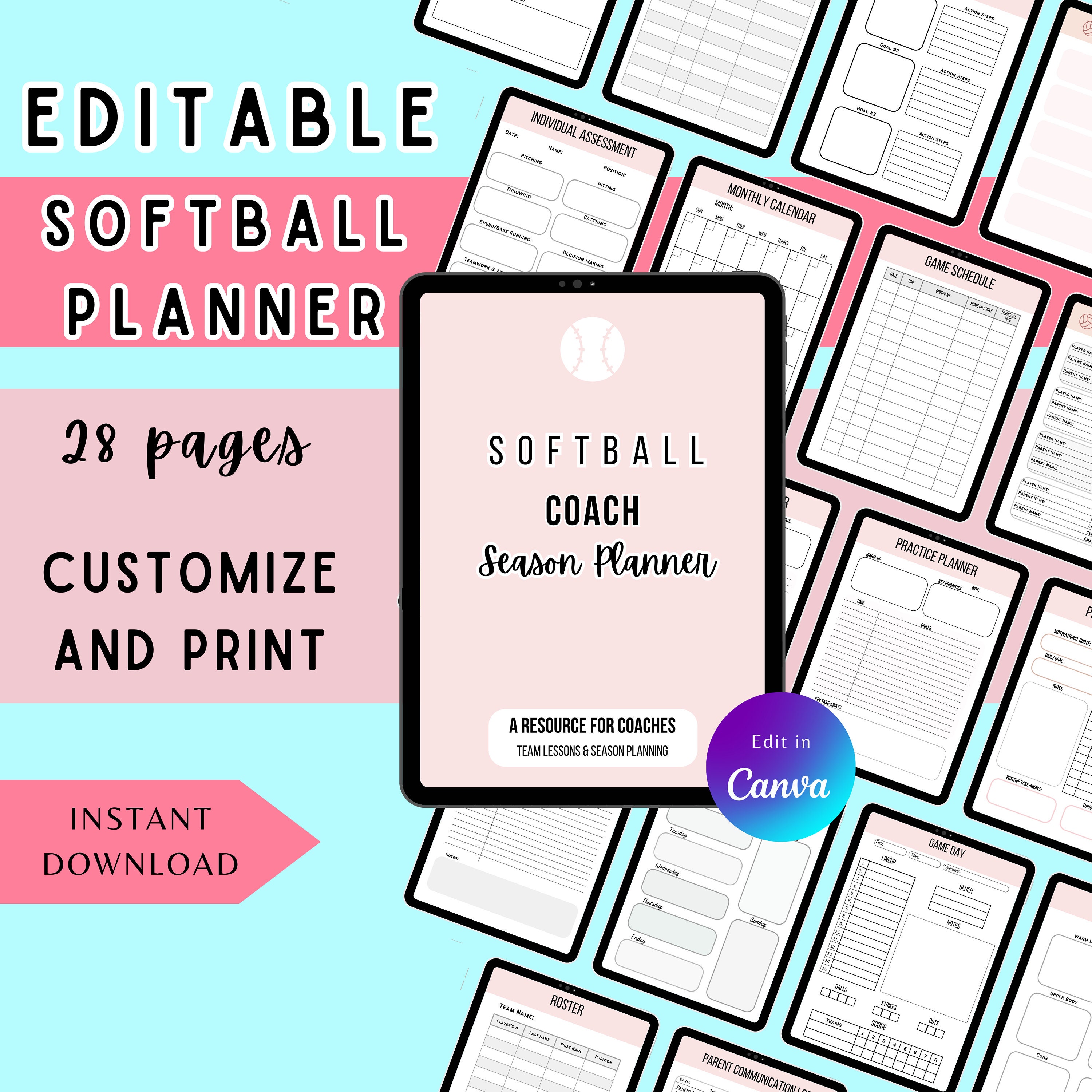 Editable Softball Coach Planner, Softball Coach Planner, Customizable ...