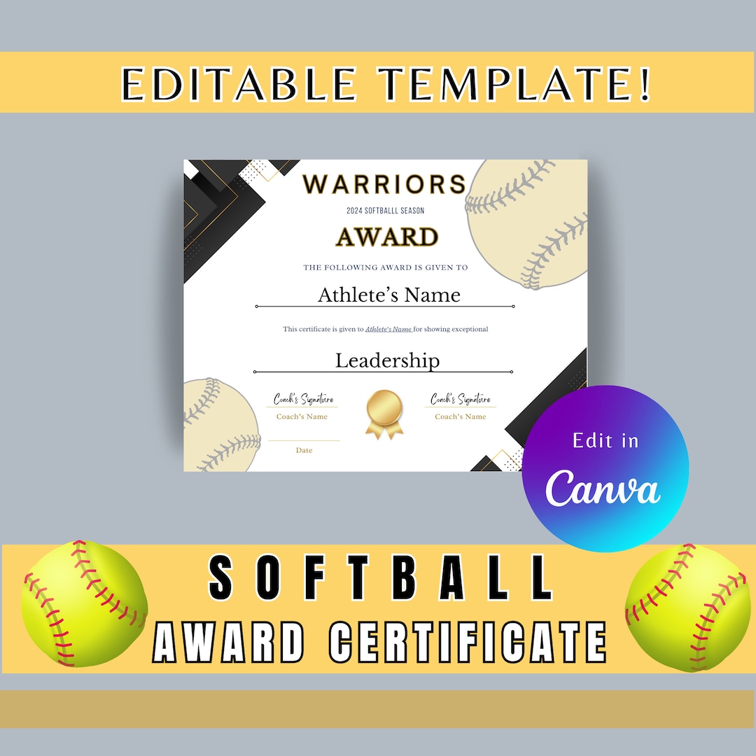 Editable Softball Certificate, Editable Softball Award, Softball Player ...