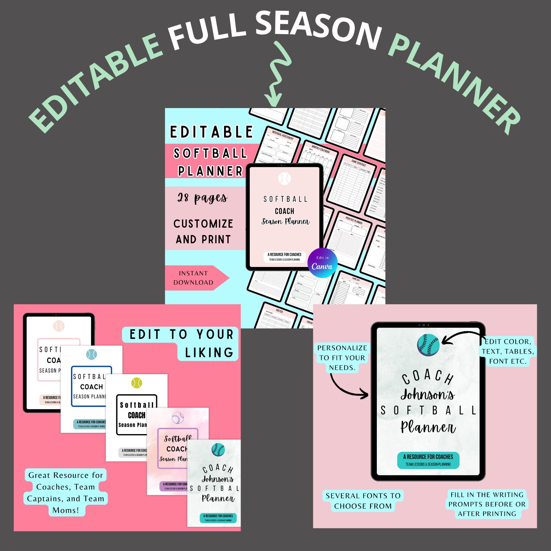 Softball Coach Bundle, Softball Coach Planners, Softball Coach ...