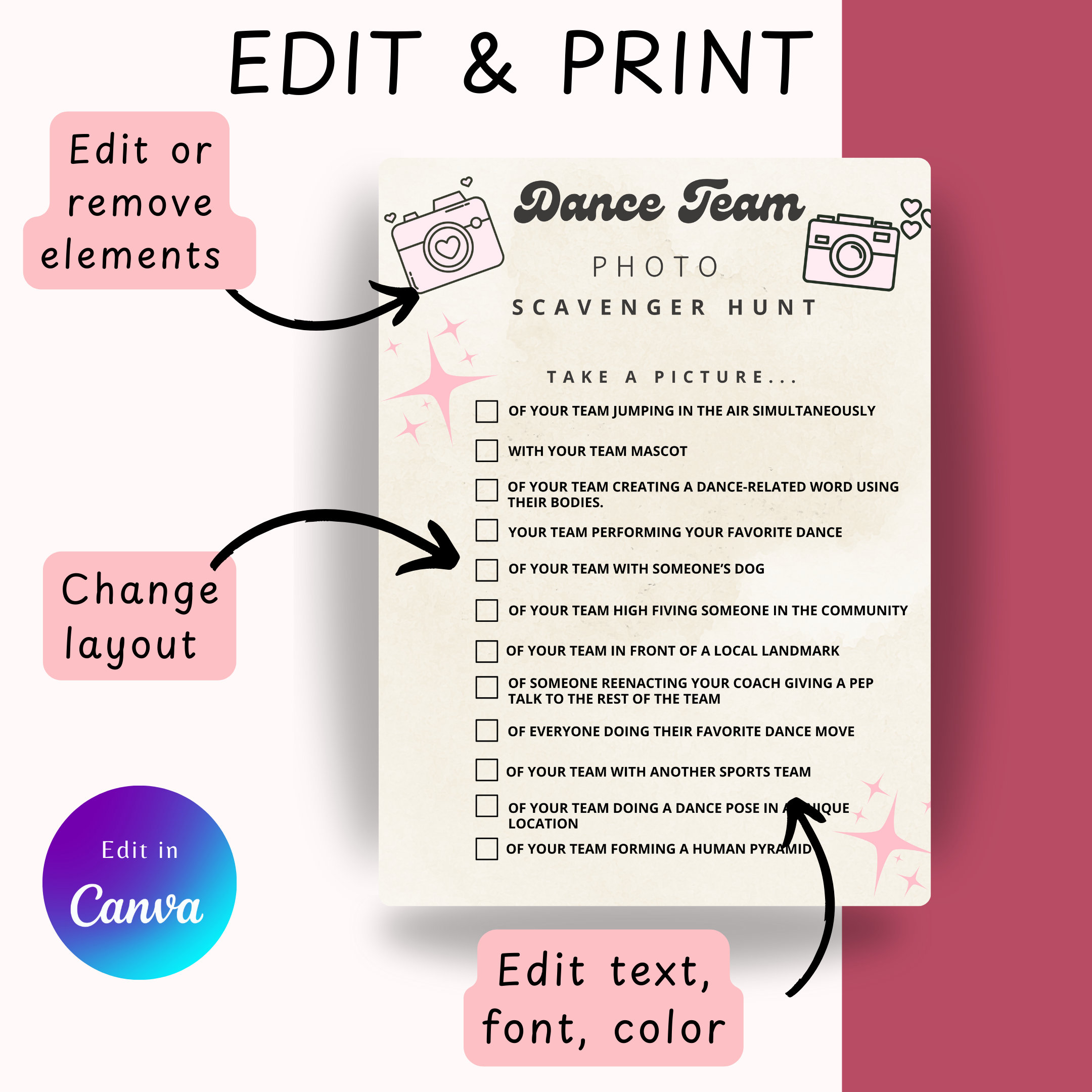 Dance Team Scavenger Hunt, Dance Photo Scavenger Hunt, Dance Team Photo ...