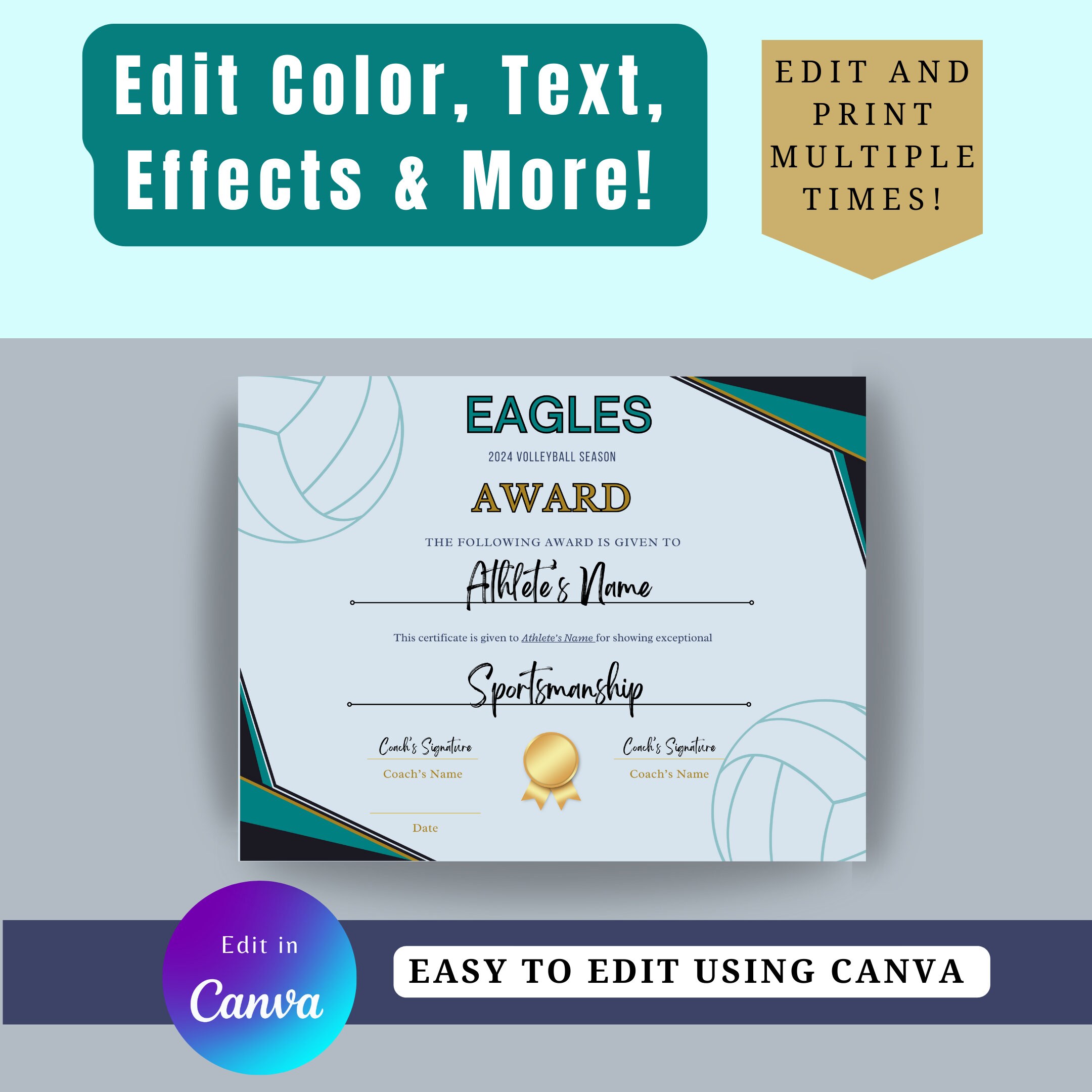 Editable Volleyball Certificate, Editable Volleyball Award, Volleyball ...