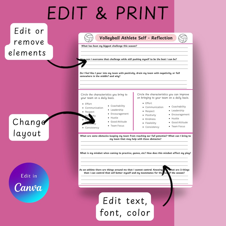 Volleyball Player Self Reflection Sheet, Editable Self Reflection ...