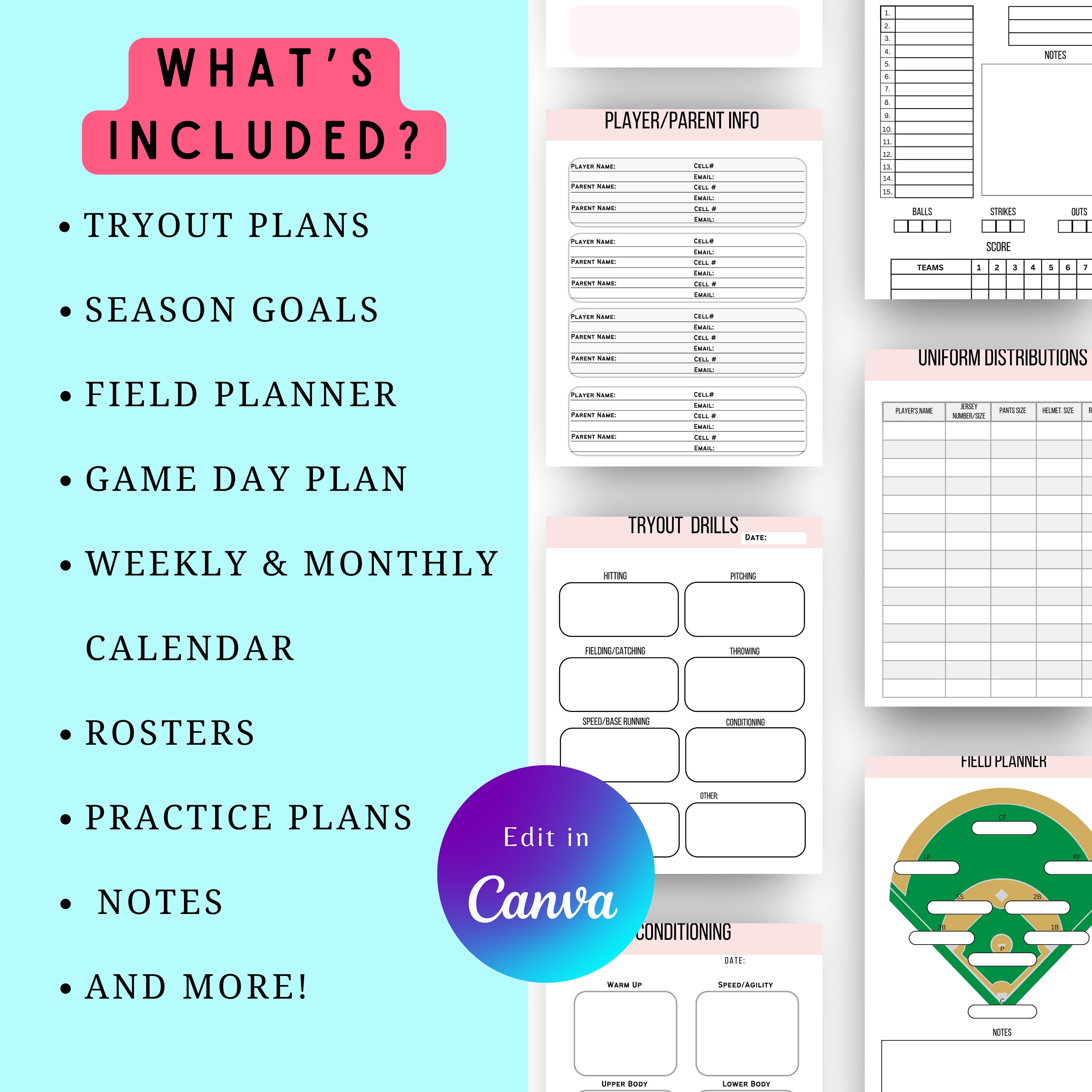 Editable Softball Coach Planner, Softball Coach Planner, Customizable ...