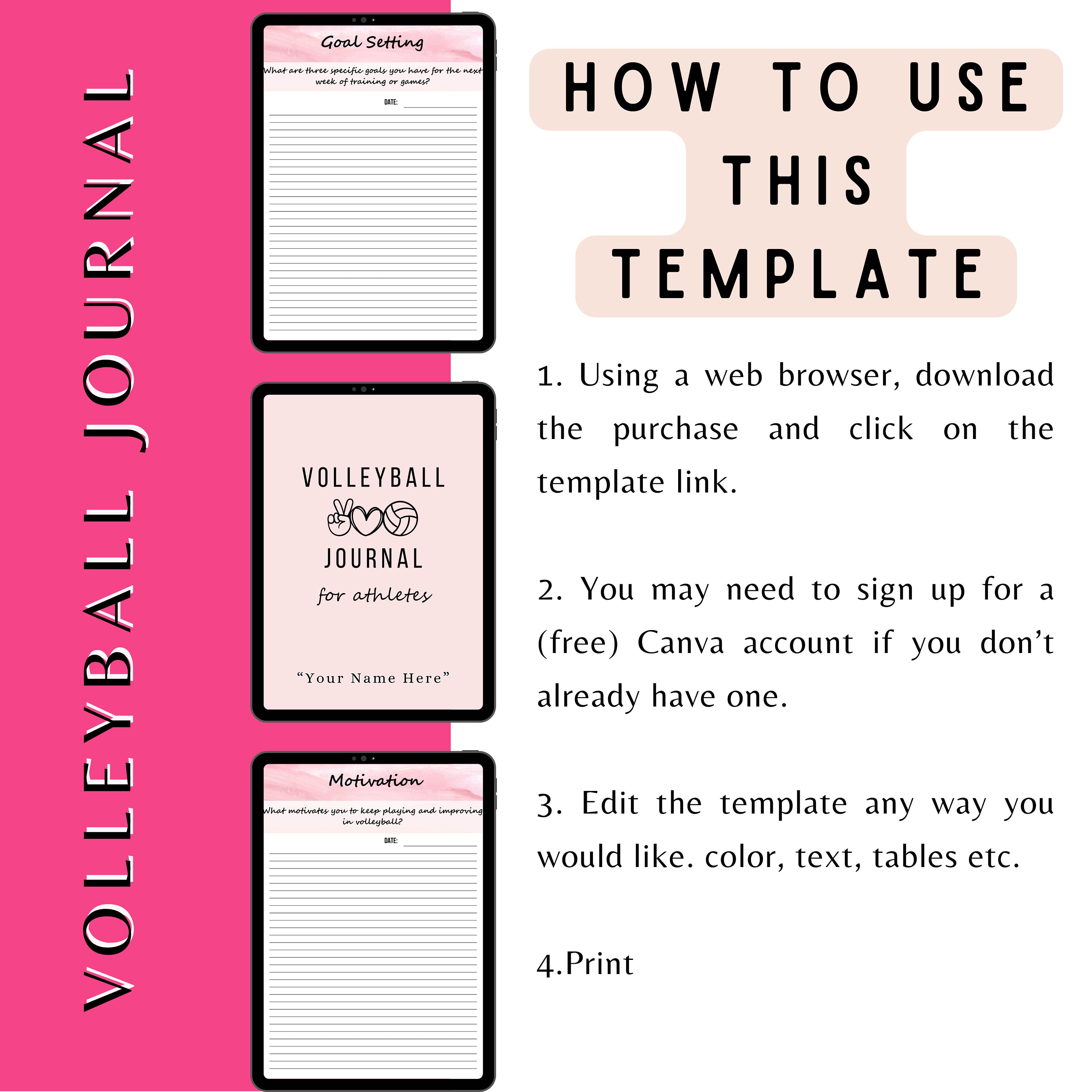 Editable Volleyball Journal for Athletes, Volleyball Athlete Journal ...