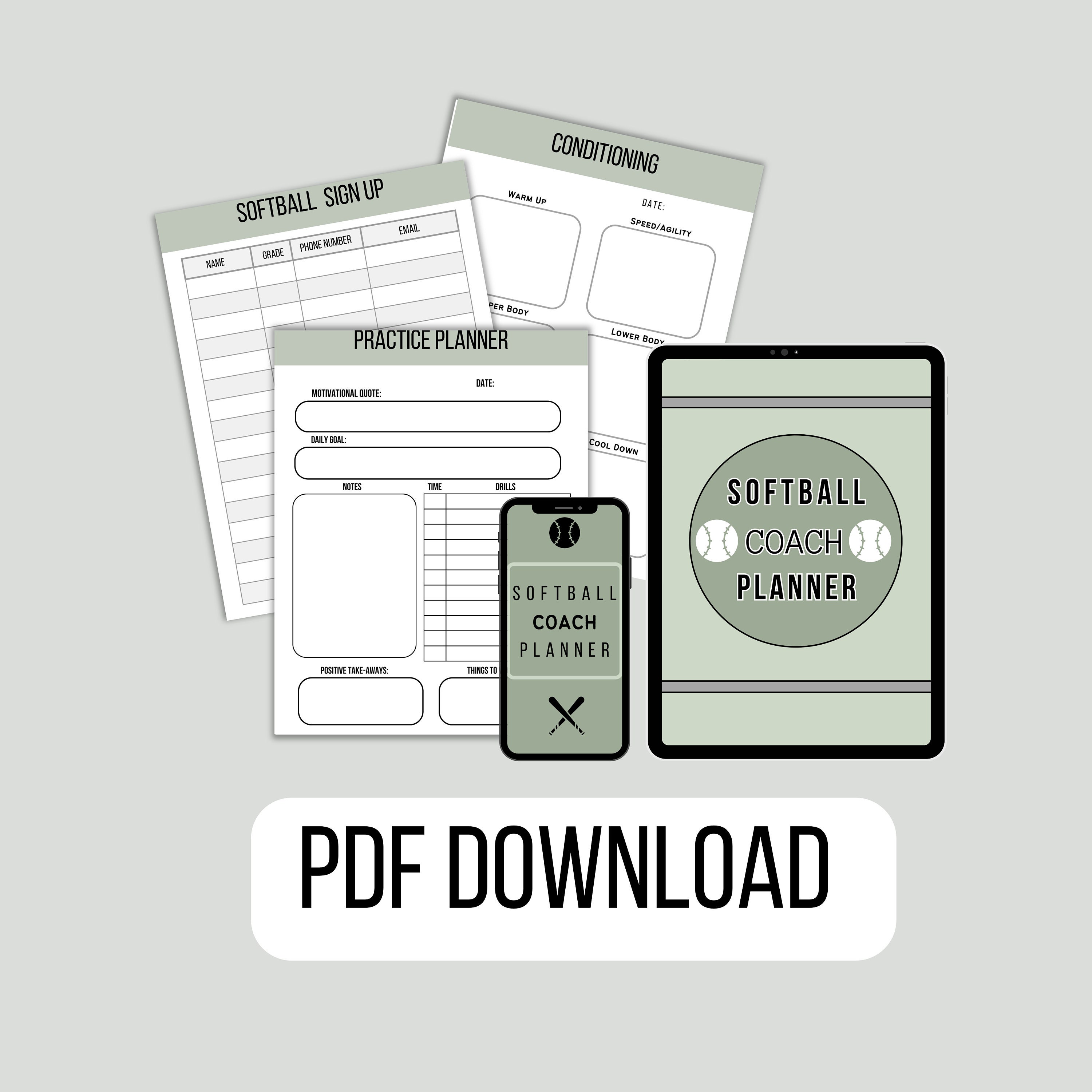 Softball Coach Planner, Softball Coach Printable Planner, Softball Planner for Coaches, Softball ...