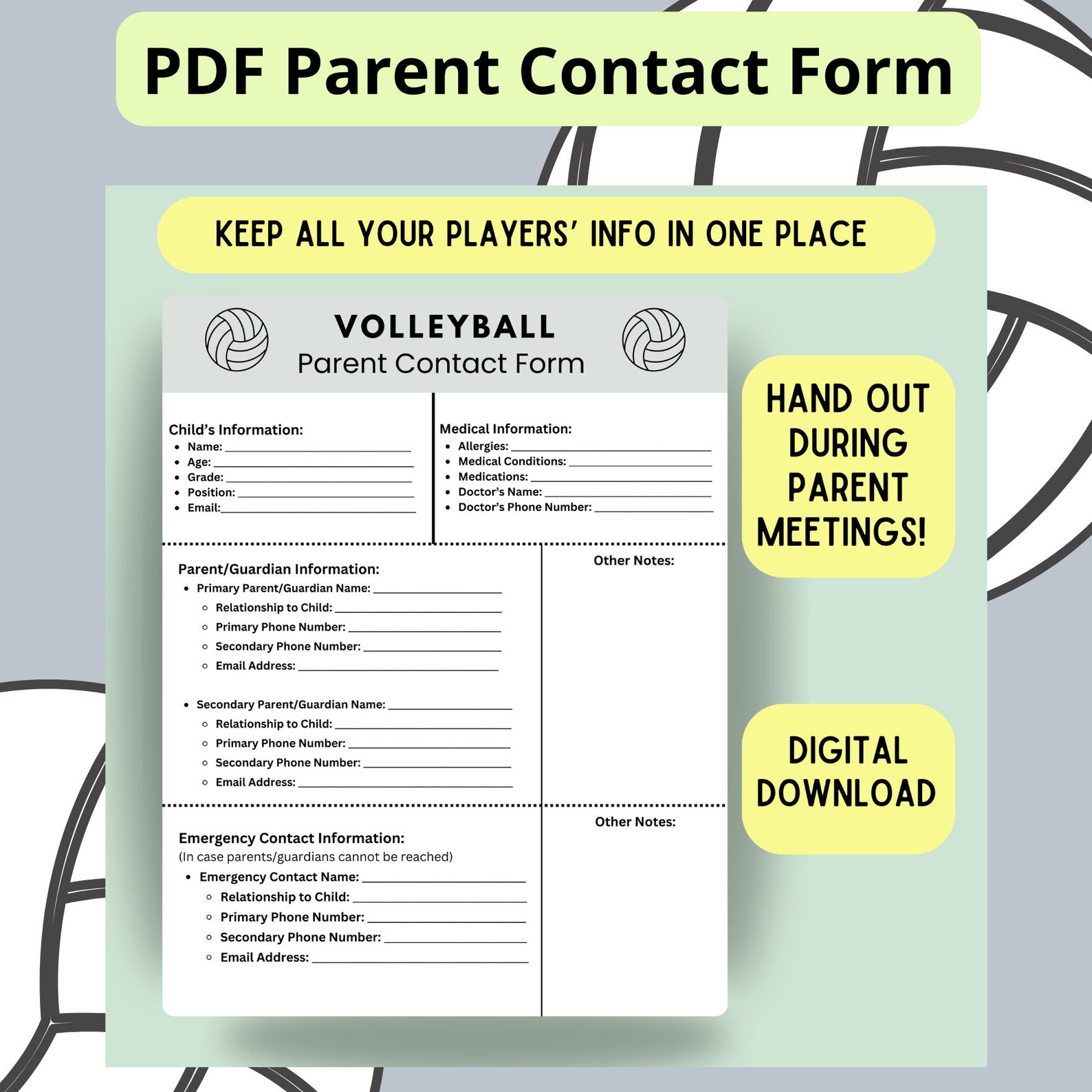 Volleyball Parent Meeting Bundle for Coaches, Parent Meeting Forms ...