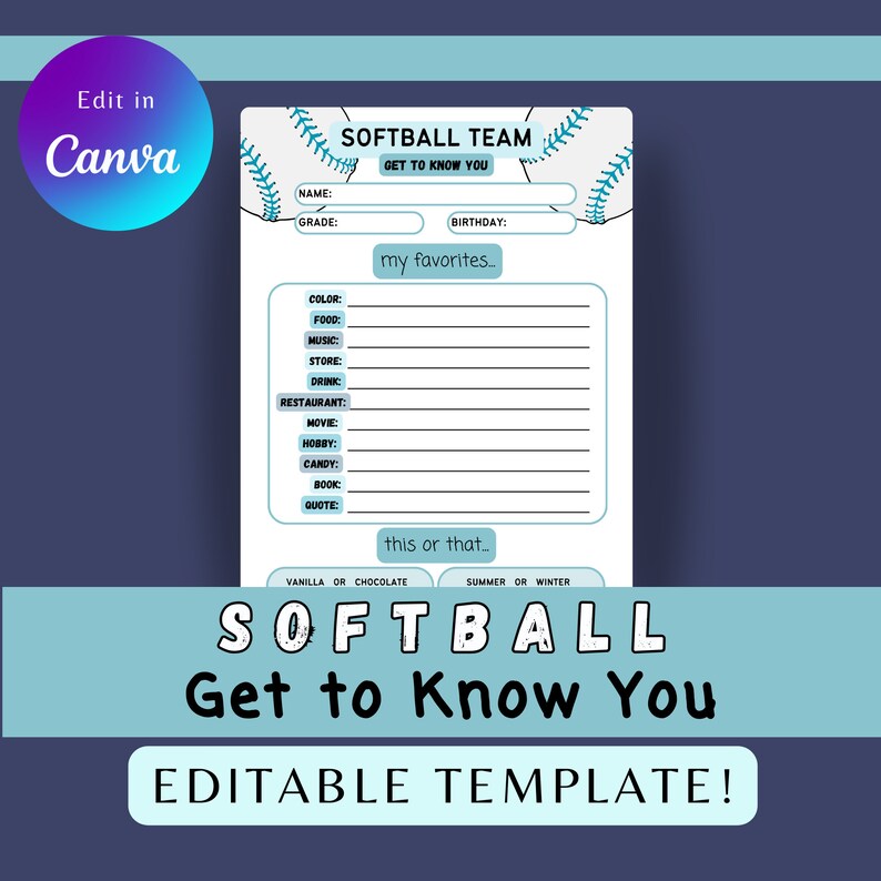Editable Softball Team Get to Know You, Softball Getting to Know You ...