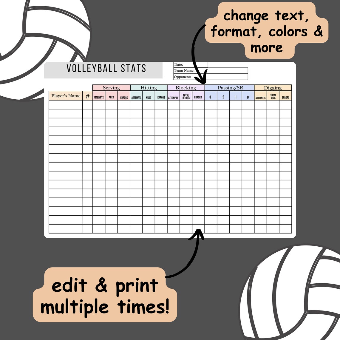 Editable Volleyball Stats, Editable Stats Sheet, Volleyball Stats Sheet ...