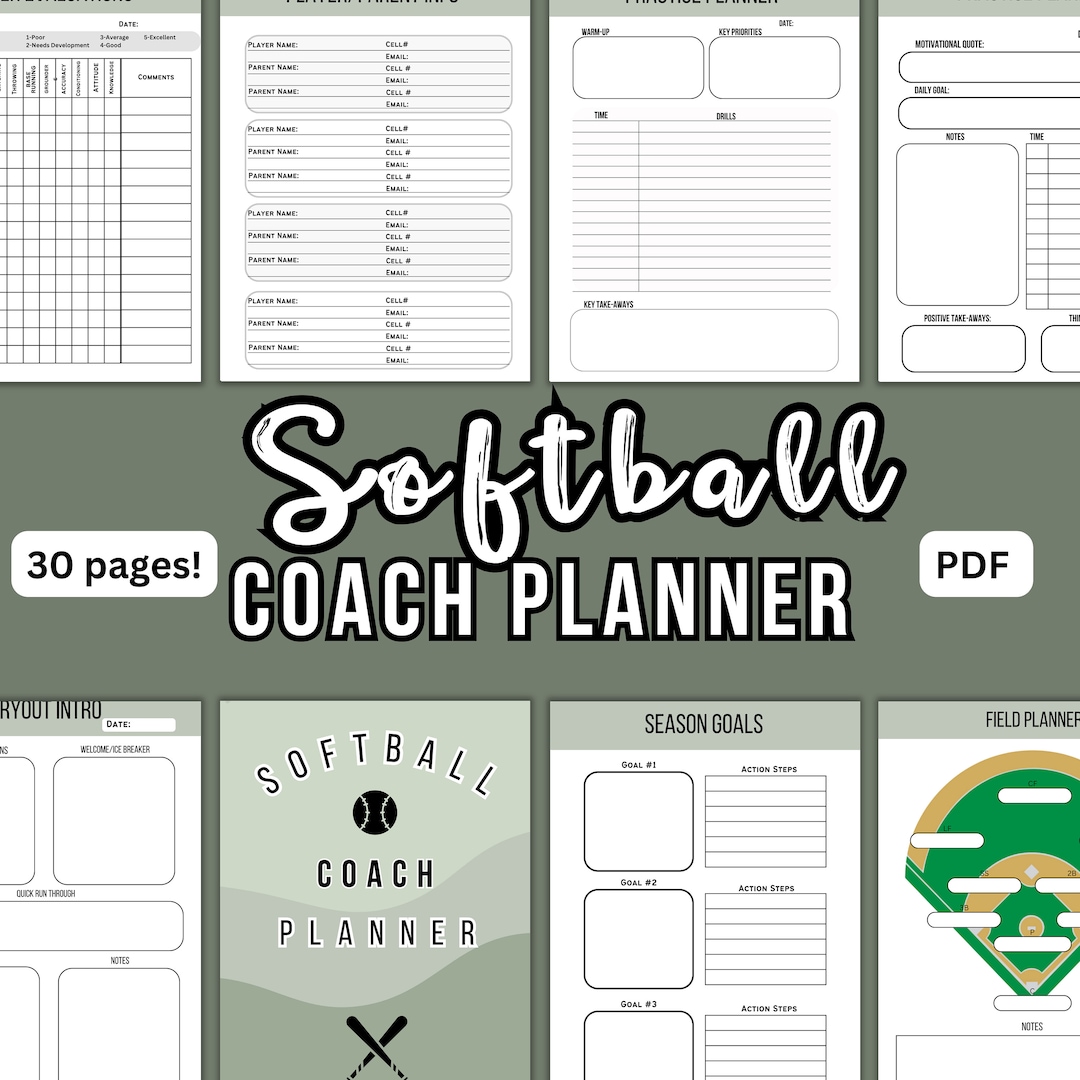 Softball Coach Planner, Softball Coach Printable Planner, Softball ...