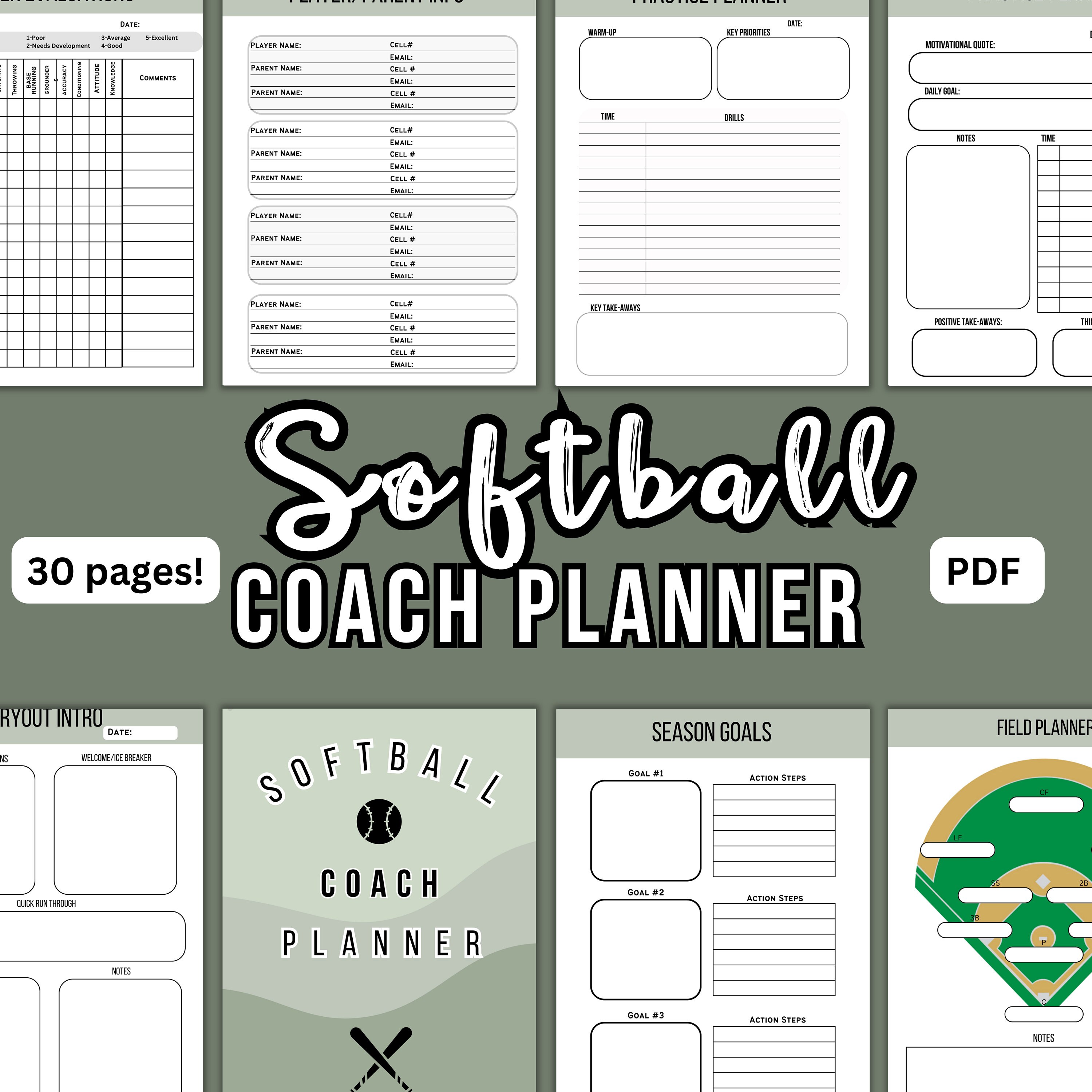 Softball Coach Planner, Softball Coach Printable Planner, Softball ...