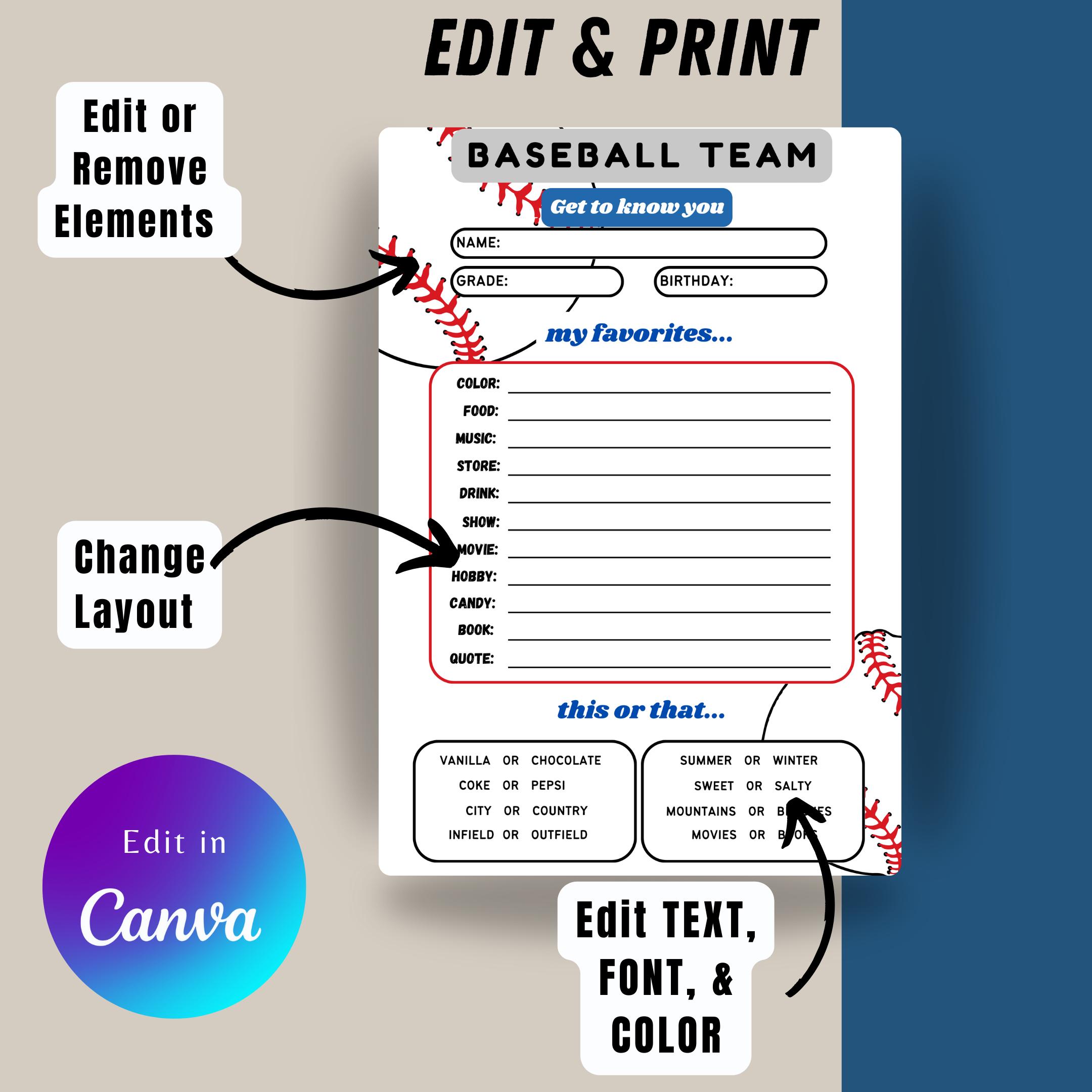 Baseball Team Get to Know You Sheet, Editable Get to Know You, Team ...